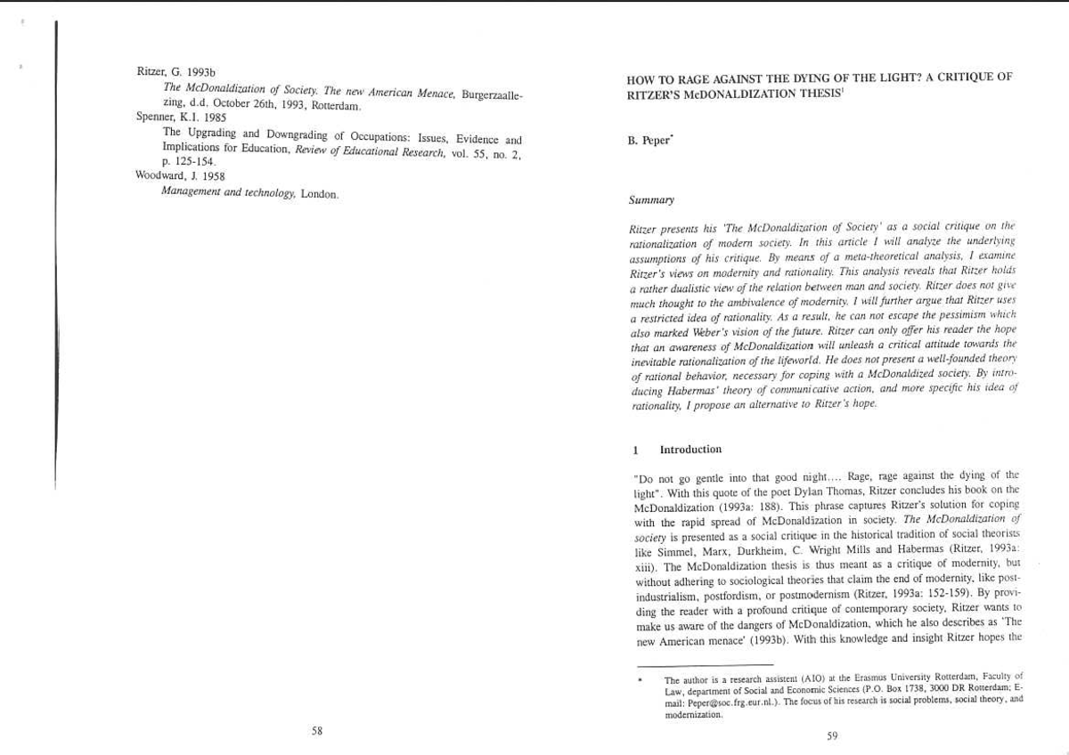 Mcdonalization of Scoiety by George Ritzer - English Studies - Studocu