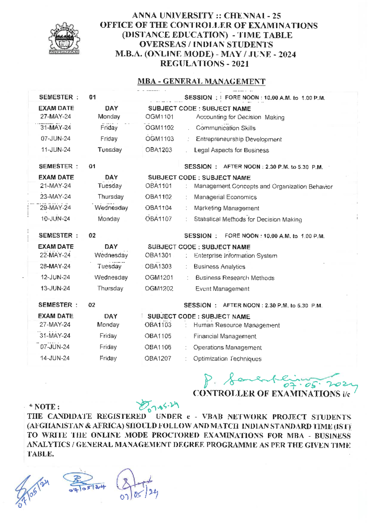 Online MBA GM Overseas Indianexamination Timetable MAY j UNE2024 RE2021 ...