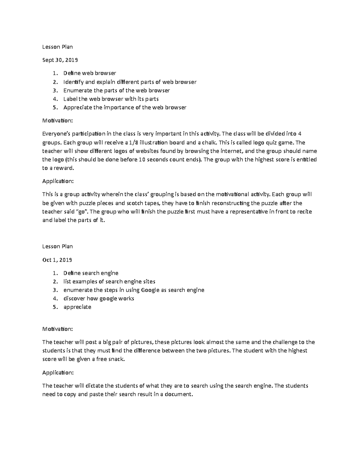 Lesson plan - Web Browser - Lesson Plan Sept 30, 2019 Define web ...
