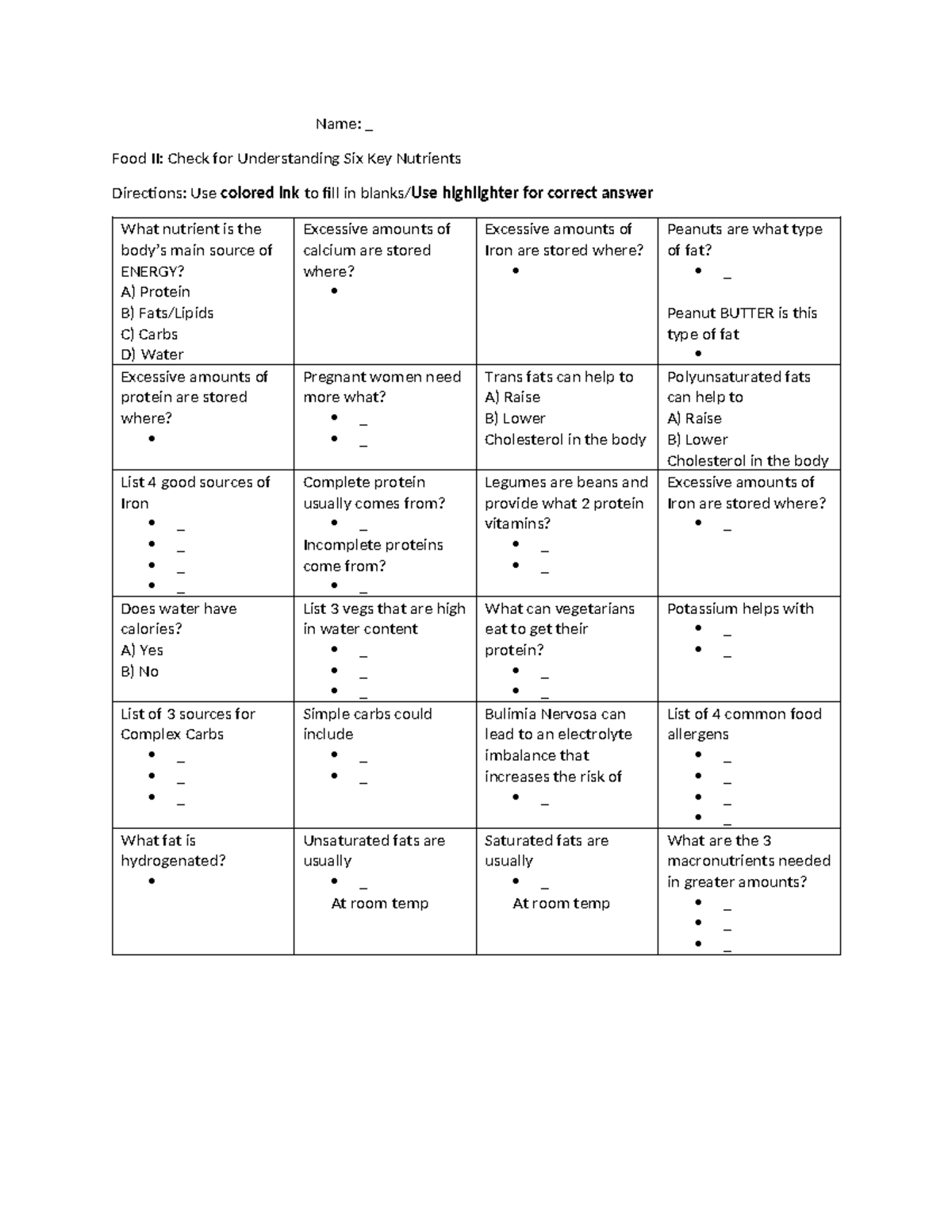 Check for Understanding Six Key Nutrients - Name: _ Food II: Check for ...