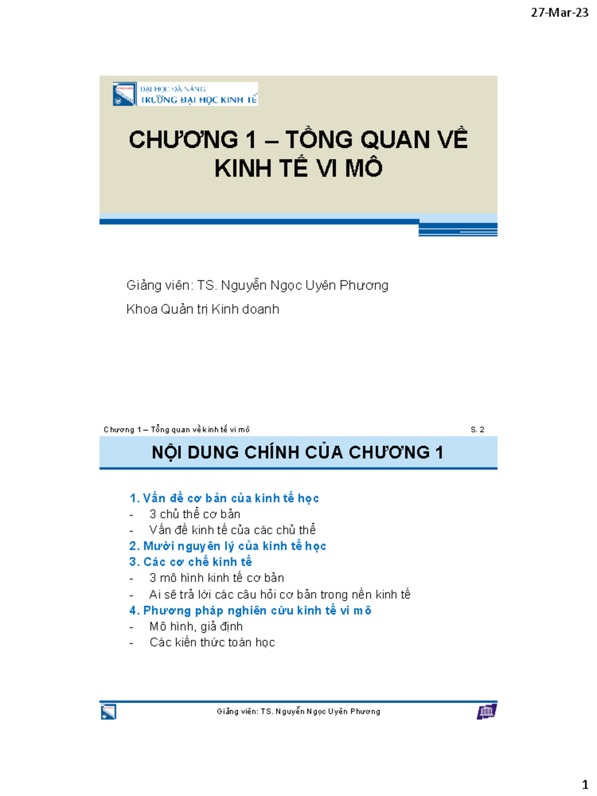Chương 1 Kinh tế vi mô - Giảng viên: TS. Nguyễn Ngọc Uyên Phương Khoa Quản trị Kinh doanh CHƯƠNG ...
