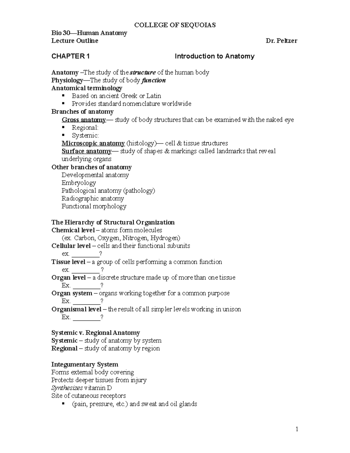 Ch. 1 Outline - Introduction to anatomy basics Dr. Peltzer - Bio 30 ...