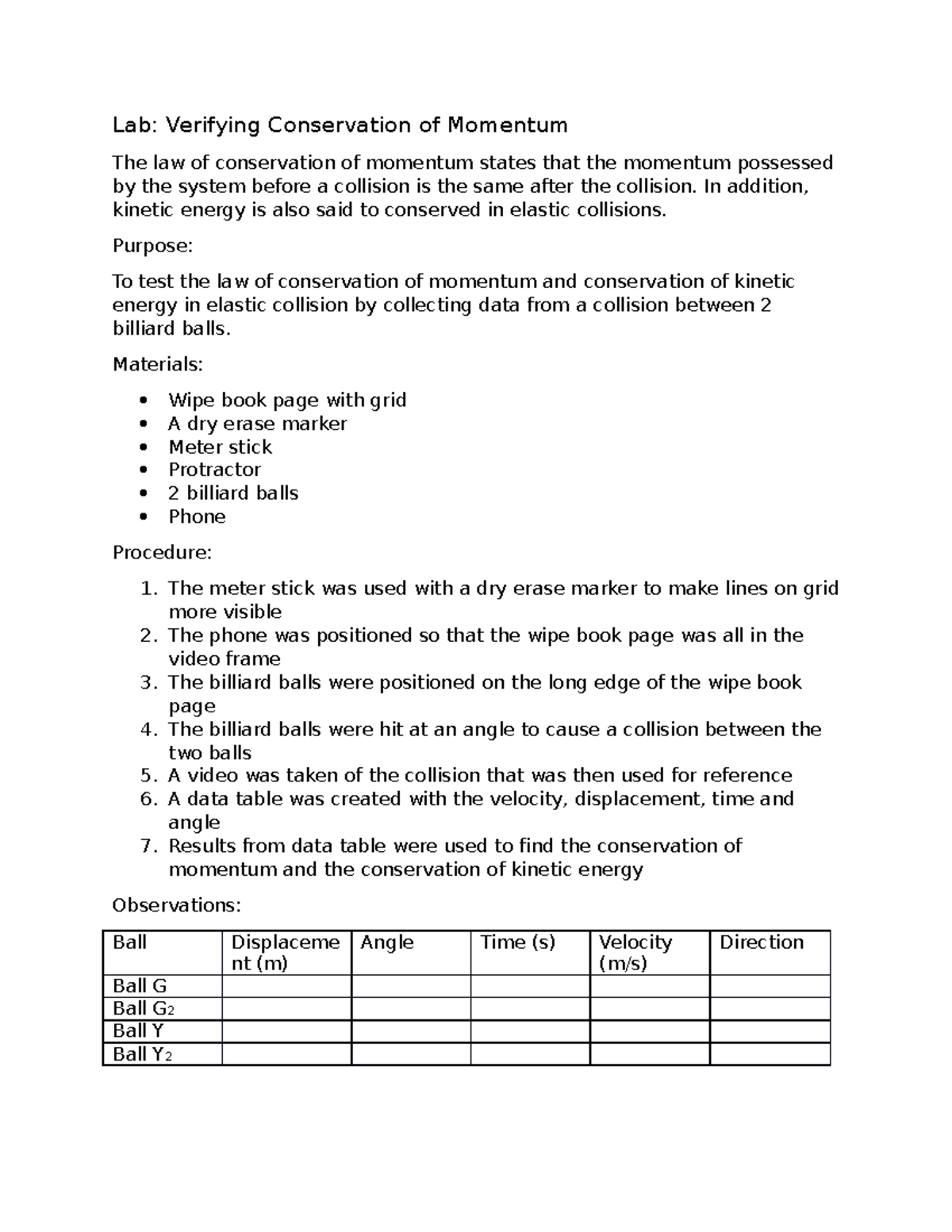 Lab verifying conservation of momentum - Lab: Verifying Conservation of ...