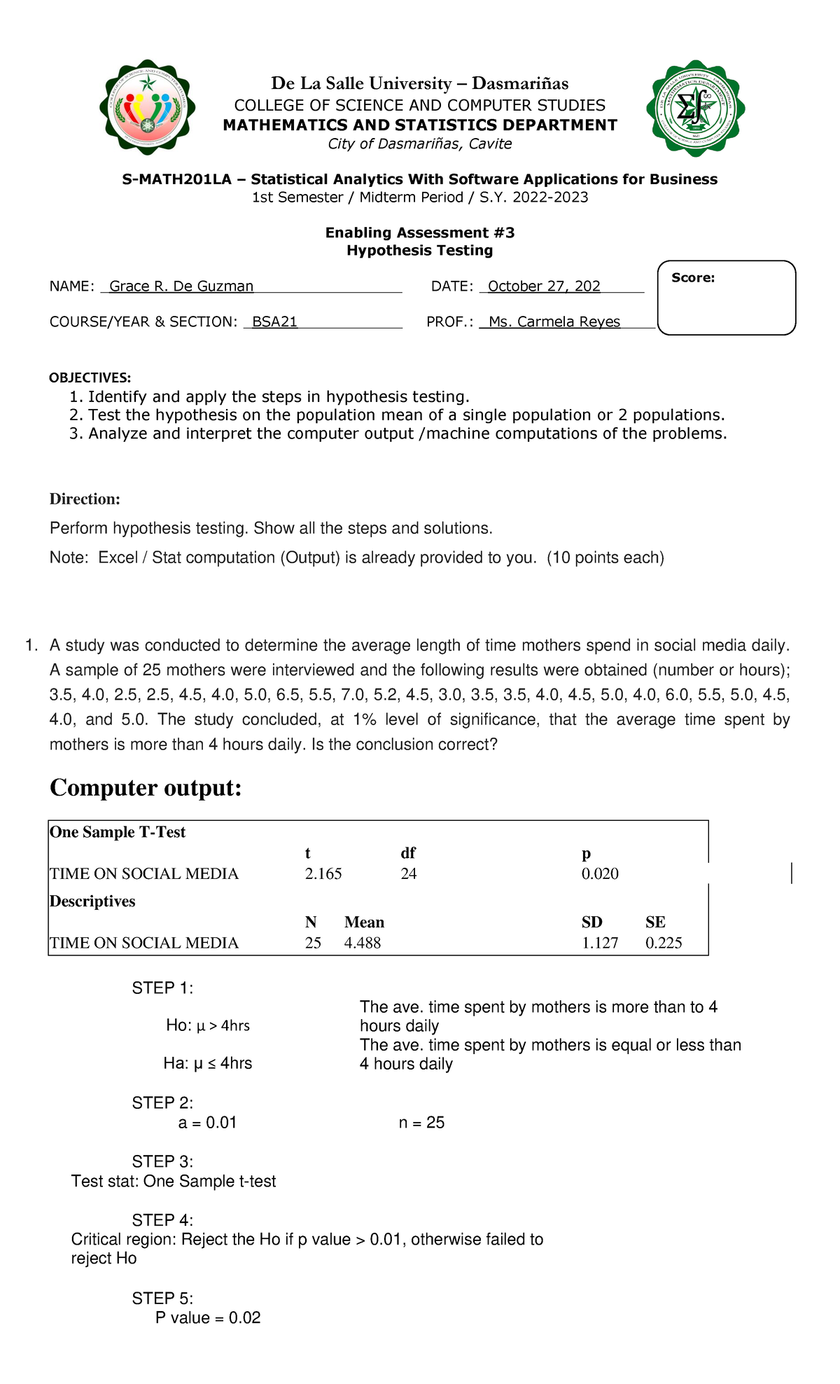 De Guzman BSA21 enabling assessment 3 - De La Salle University ...