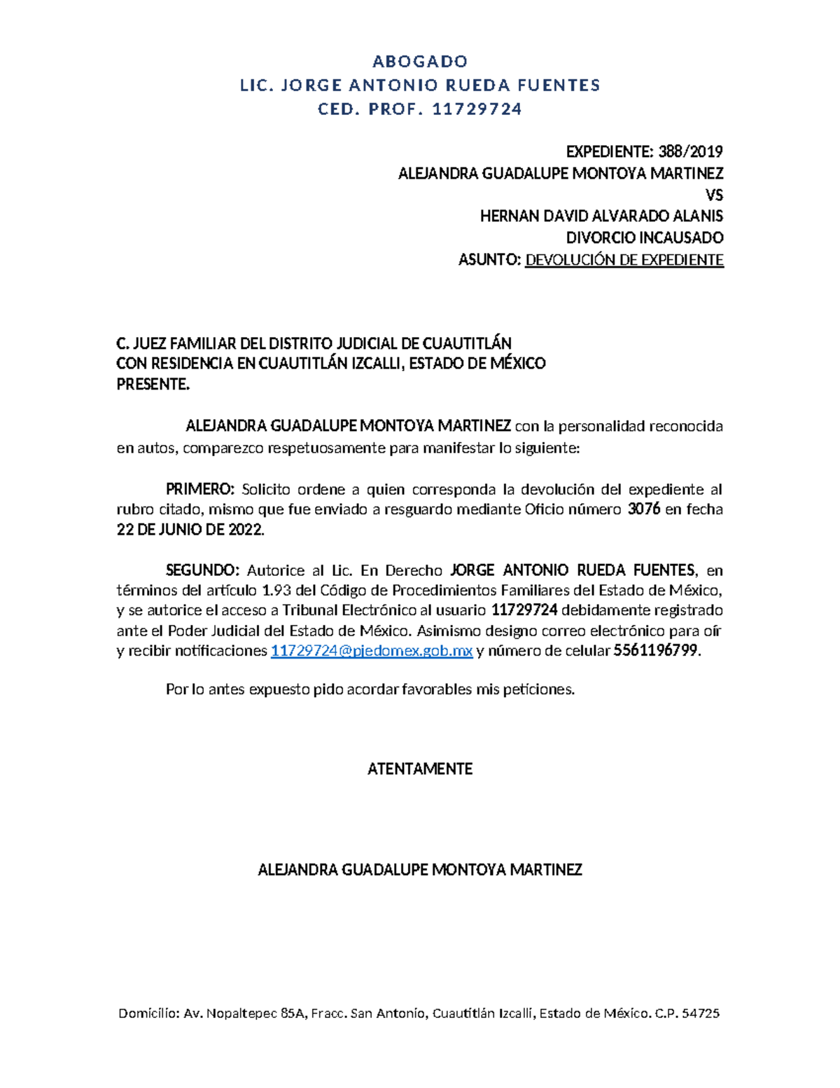Devolución de exp - ABOGADO LIC. JO RGE ANTO NIO RUEDA FUENTES CED ...