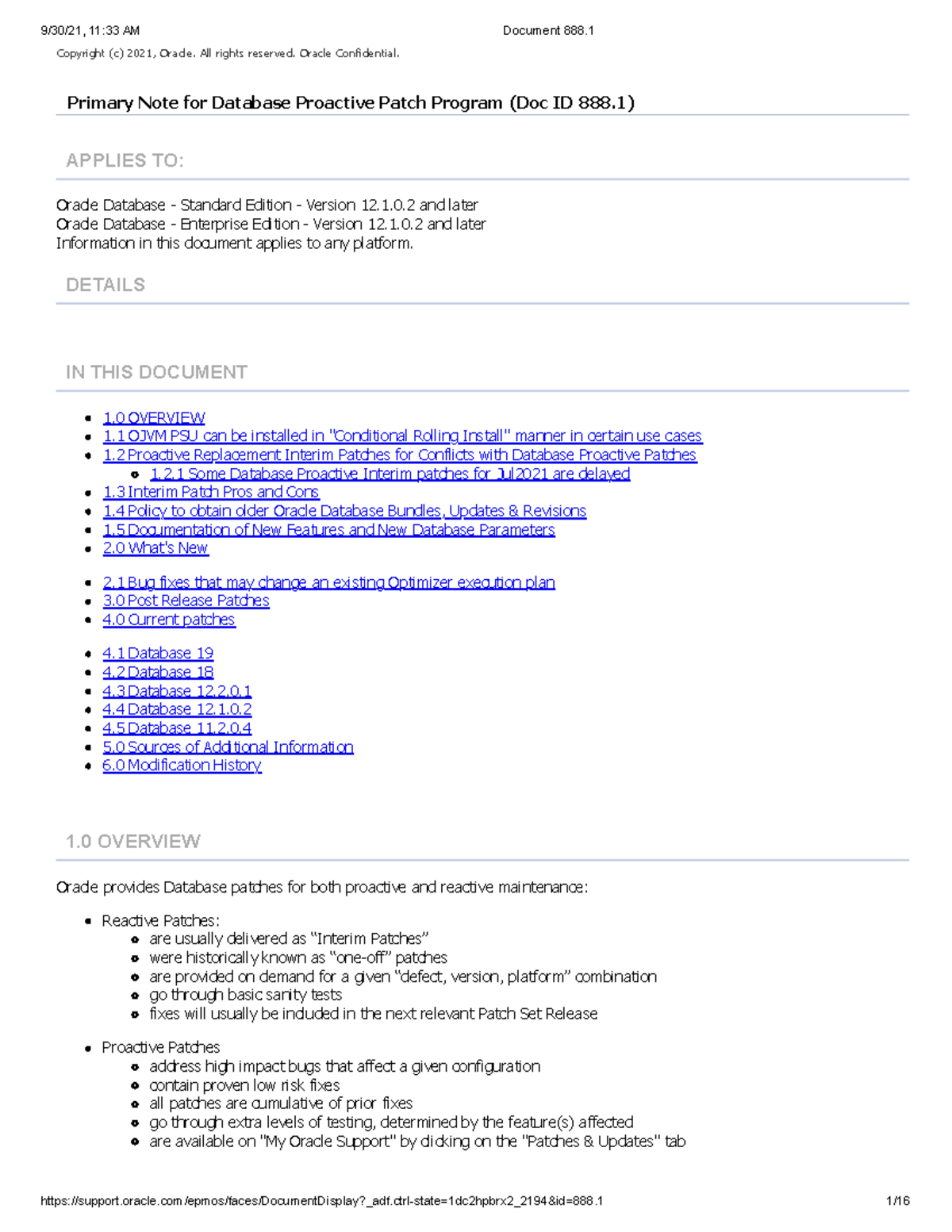 Primary Note for Database Proactive Patch Program (Doc ID 888 - Copyright (c) 2021, Oracle. All ...