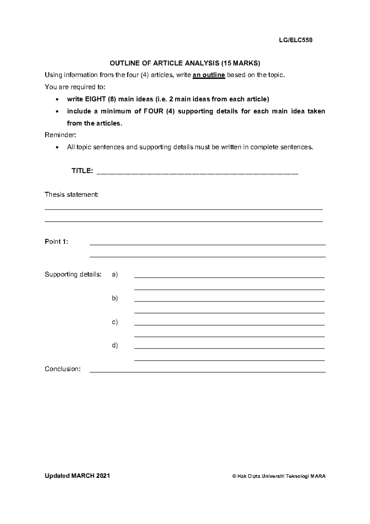 Outline ELC 590 - OUTLINE OF ARTICLE ANALYSIS (15 MARKS) Using ...