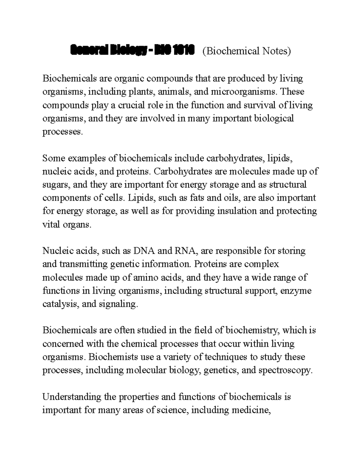 BIO - Biochemical Notes - General Biology - BIO 1010 (Biochemical Notes ...