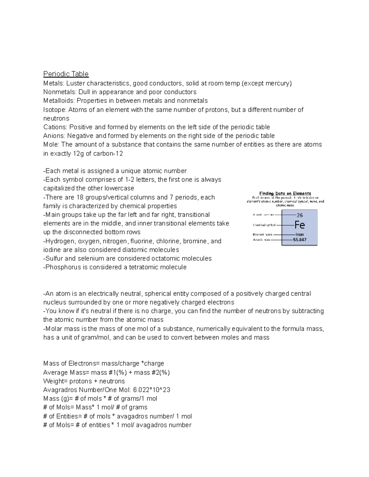 Chemistry Notes (Week 5-7) - Periodic Table Metals: Luster ...