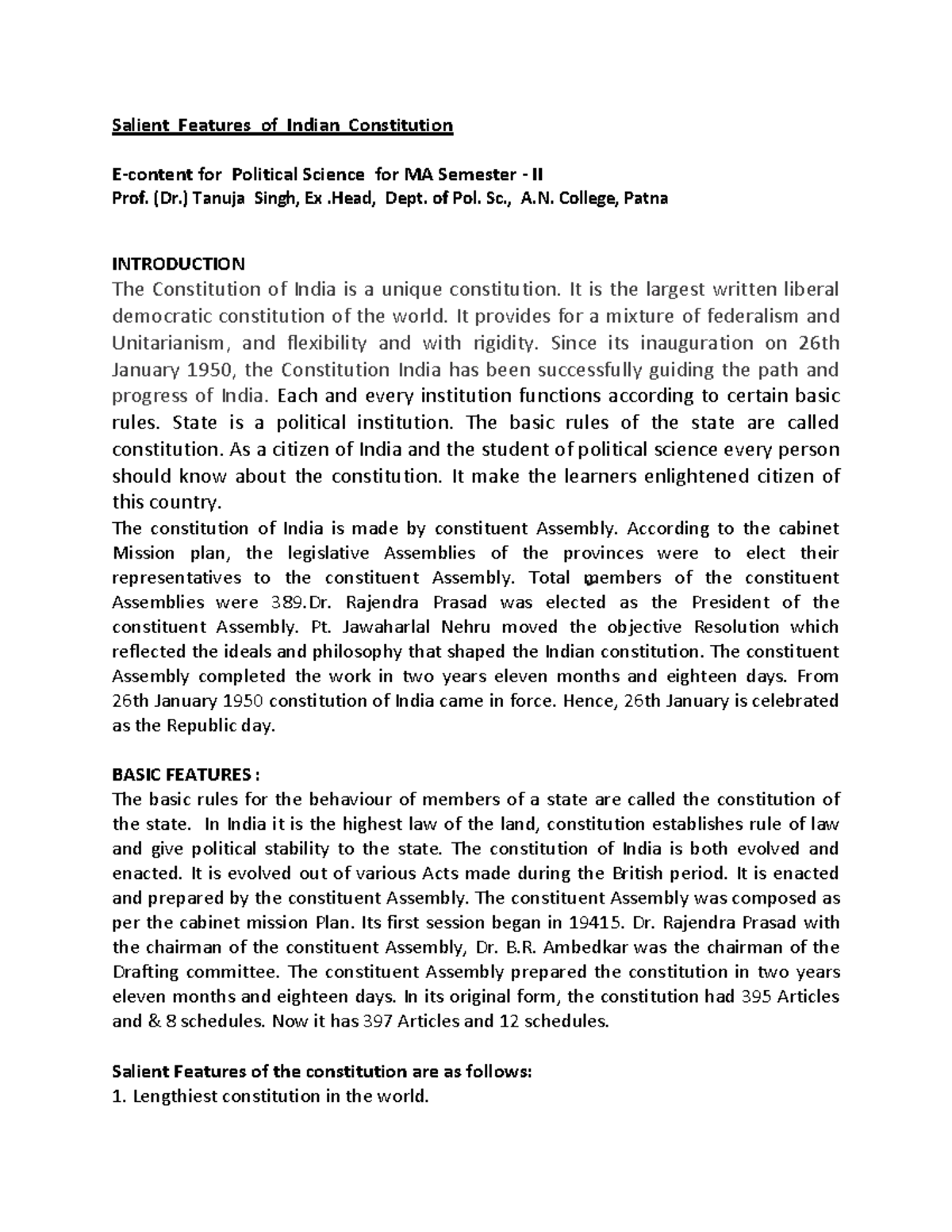 Salient Features Notes - Salient Features of Indian Constitution E ...