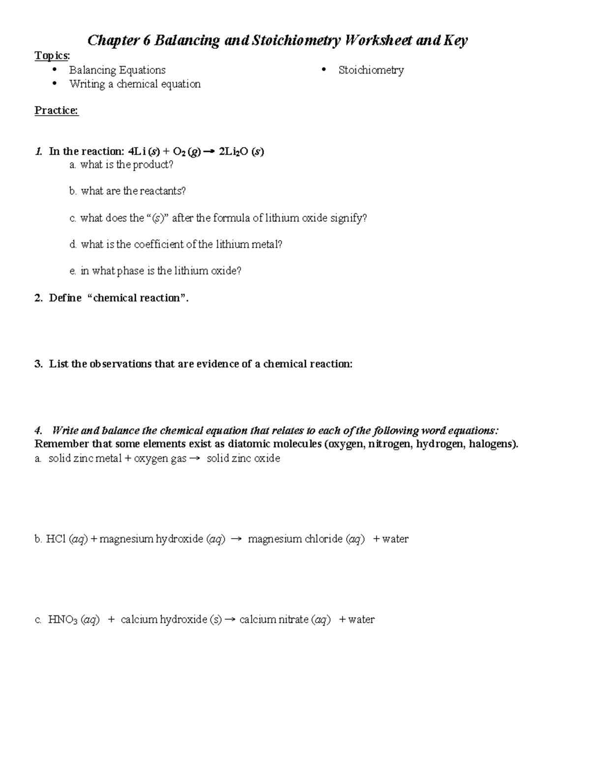 Balancing stoich worksheet and key - Chapter 6 Balancing and ...
