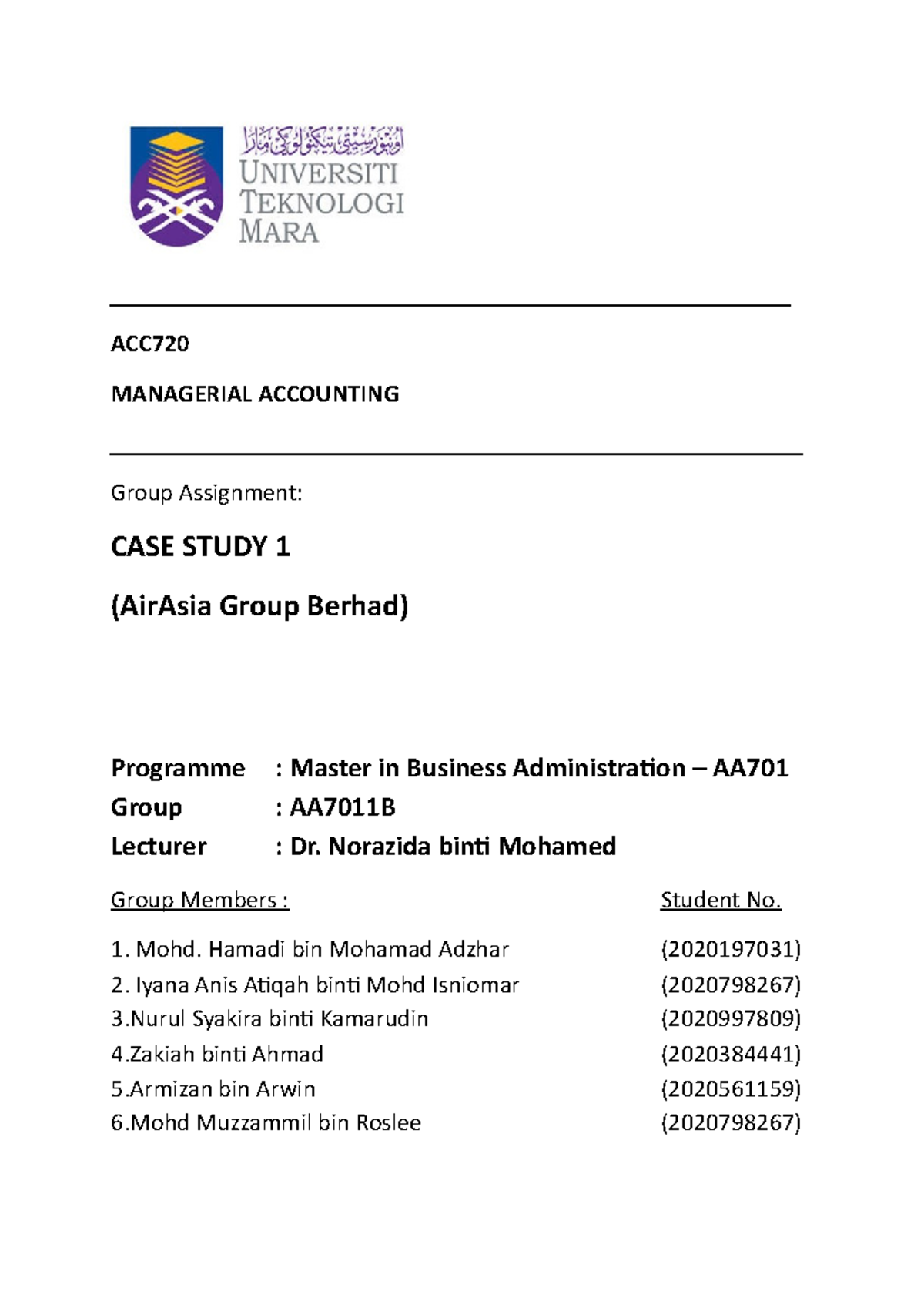 Air Asia Berhad Wira amended - ACC MANAGERIAL ACCOUNTING Group ...