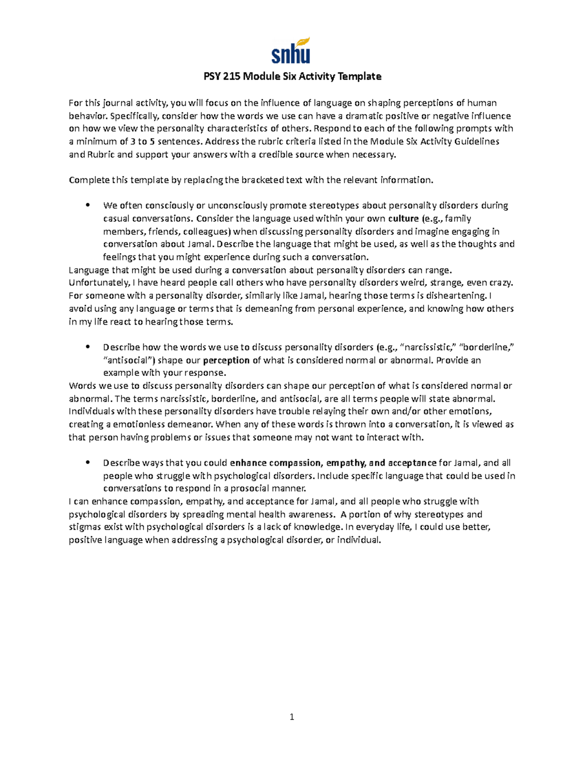 PSY 215 Module Six Activity Template - PSY 215 Module Six Activity ...