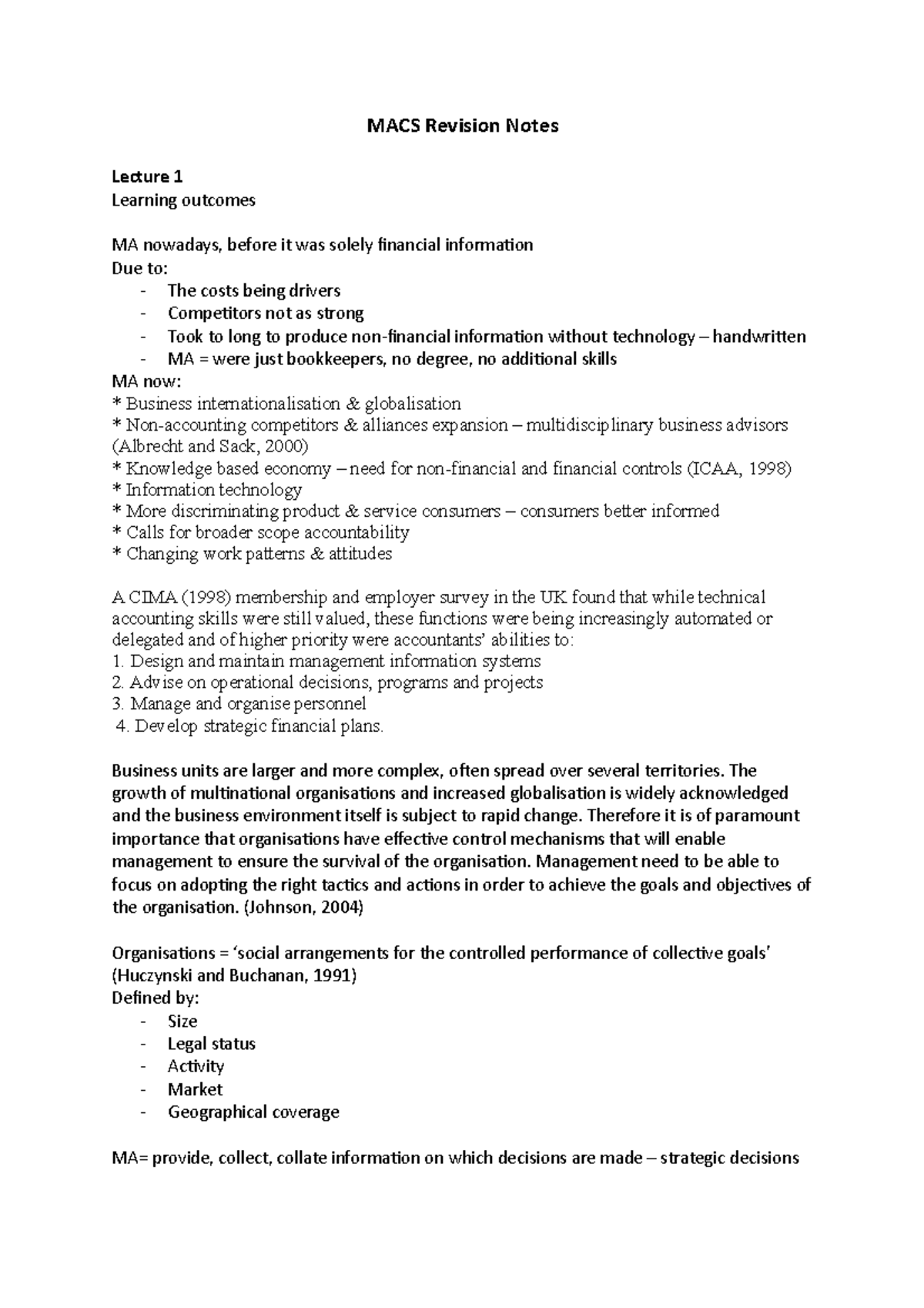 MACS Revision Notes - MACS Revision Notes Lecture 1 Learning outcomes ...