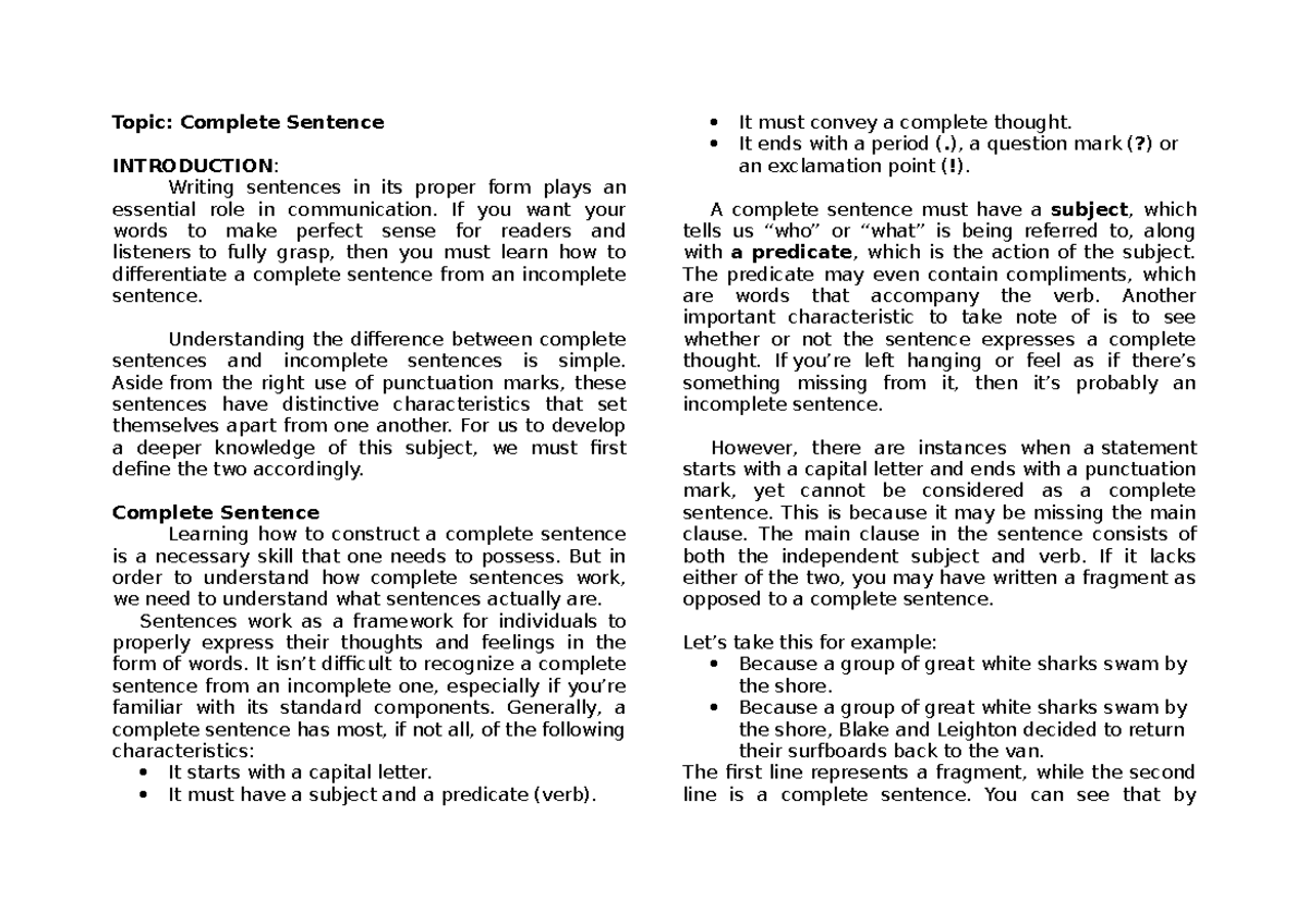 Worksheet draft - Topic: Complete Sentence INTRODUCTION: Writing ...