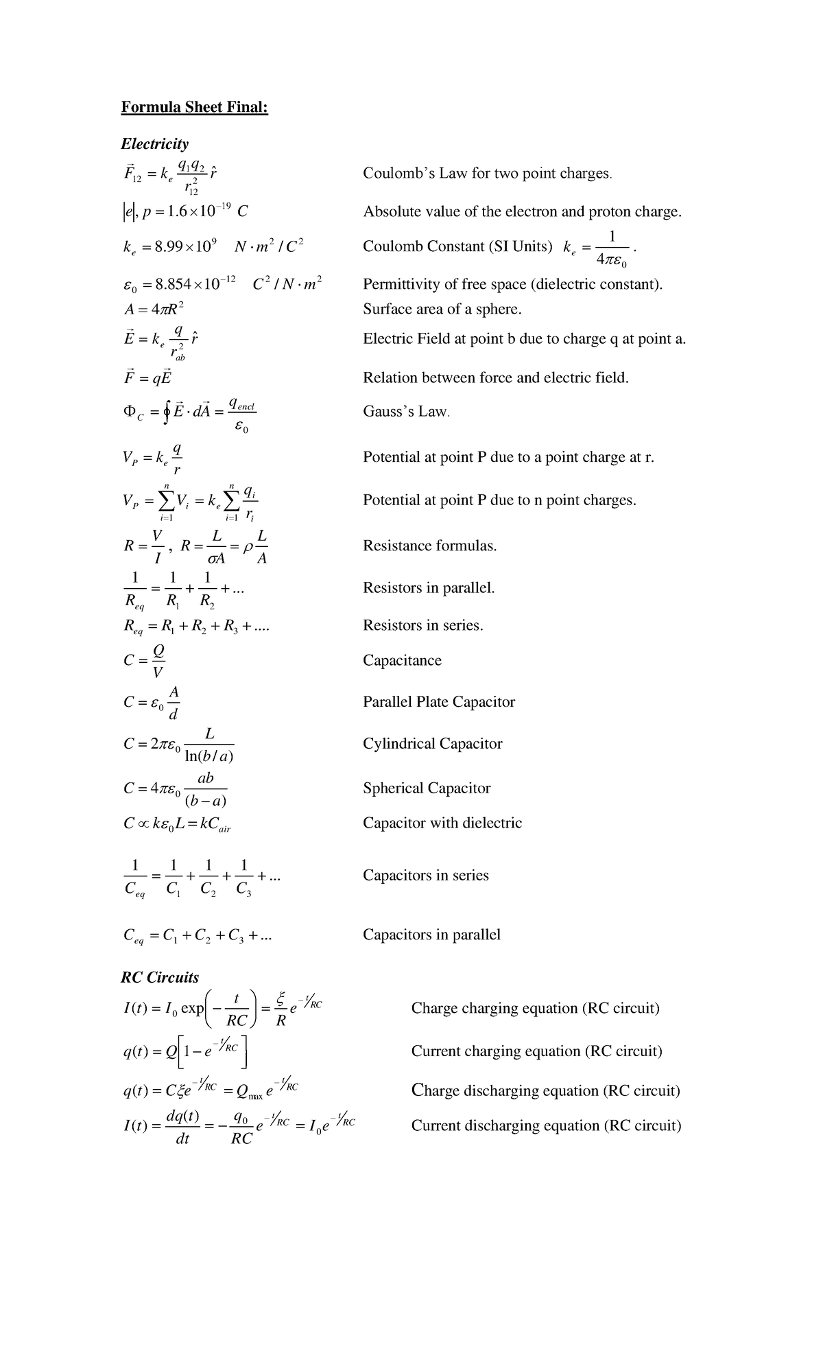 Formula Sheet Final - Formula Sheet Final: Electricity r r qq F ke ˆ 2 ...