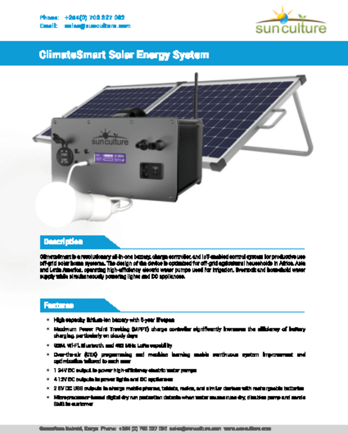 Climate Smart Solar Energy System Datasheet 1 - Email: sales@sunculture ...
