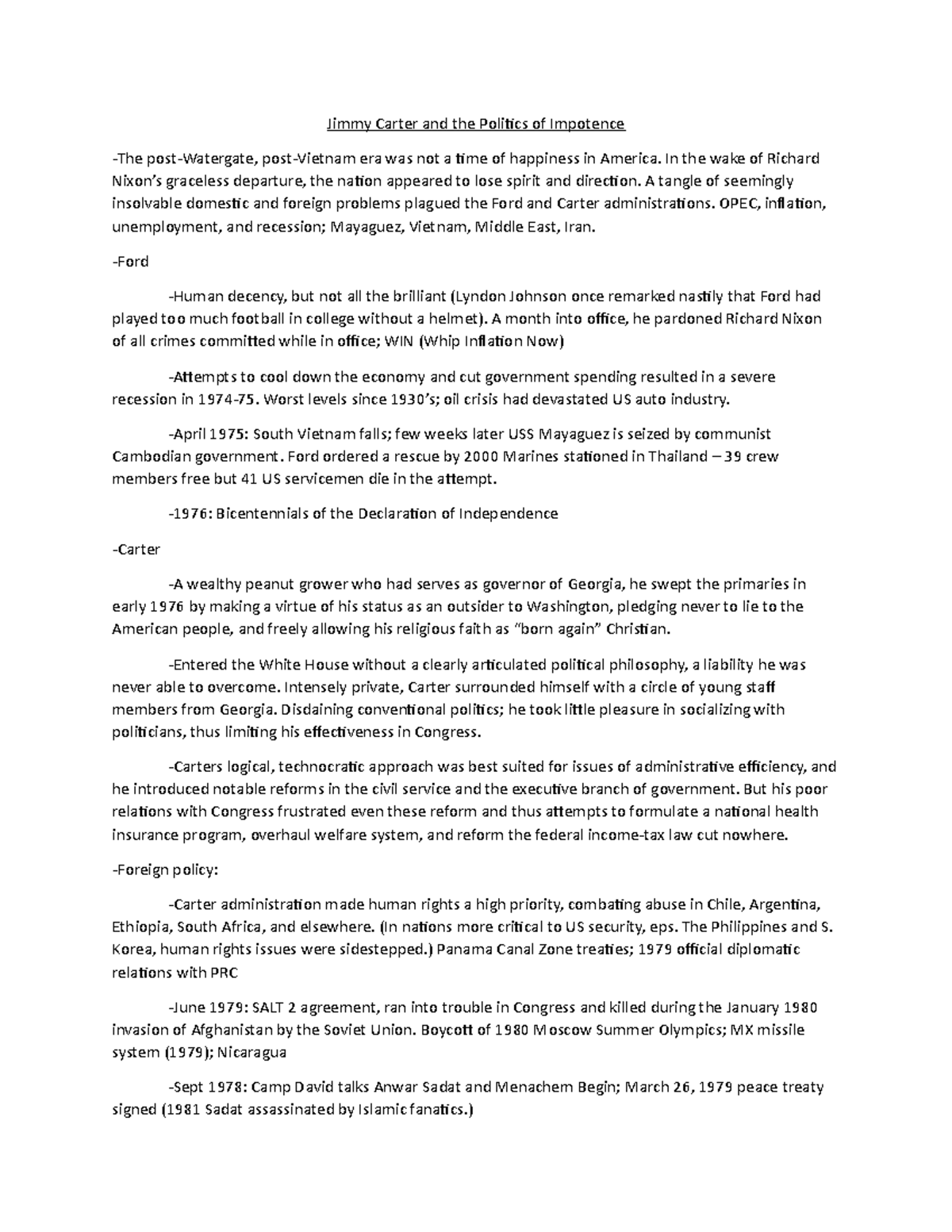 CIV Jimmy Carter and the Politics of Impotenc 1 Notes - Jimmy Carter ...