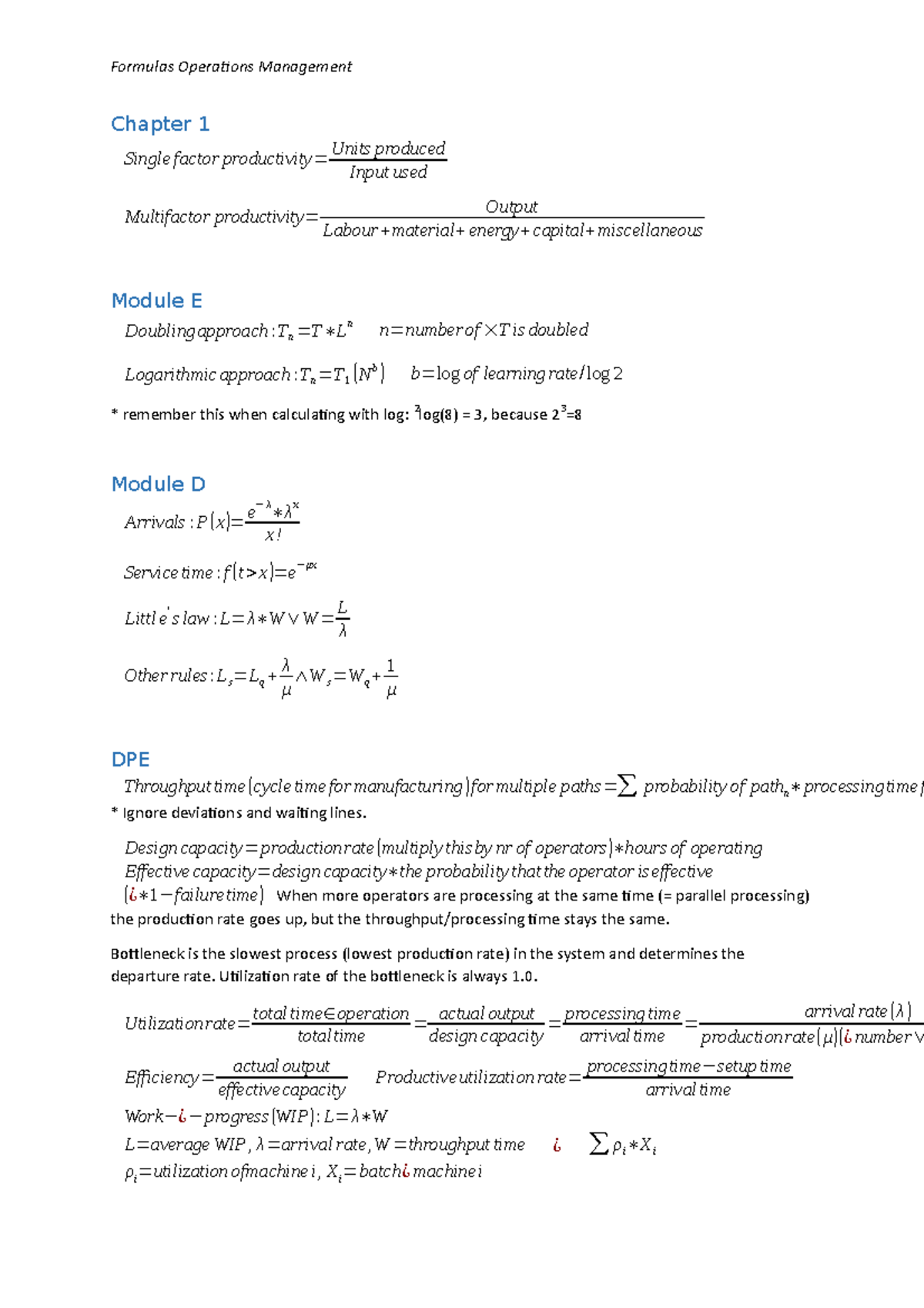 Formulas OM - Formula sheet - Chapter 1 Single factor productivity ...