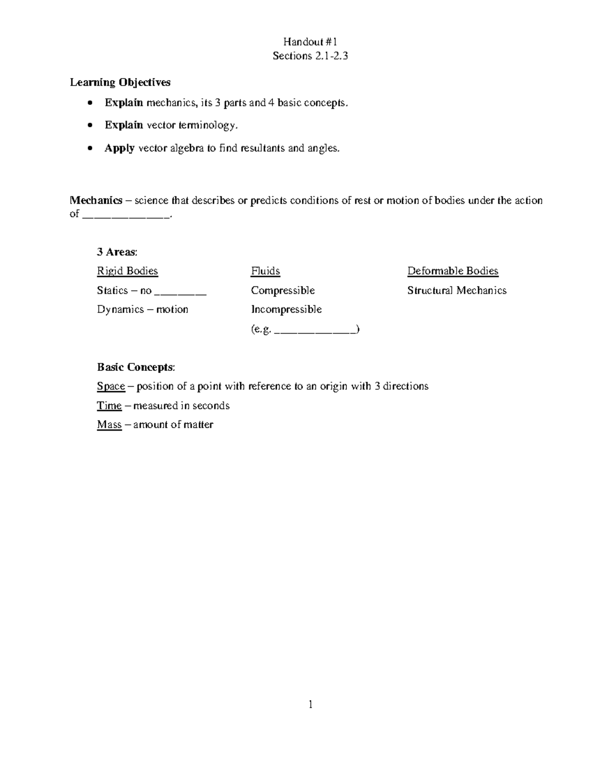 Handout#1 - vectors analysis - Handout # Sections 2-2. 1 Learning ...