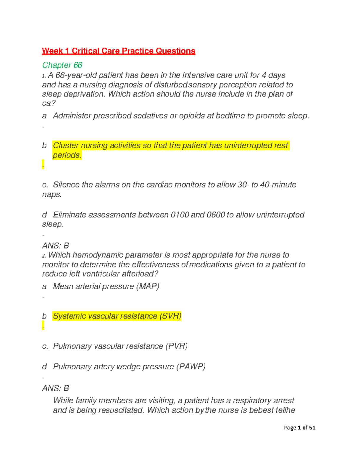 Critical Care practice Questions week 1 2022 - Week 1 Critical Care ...