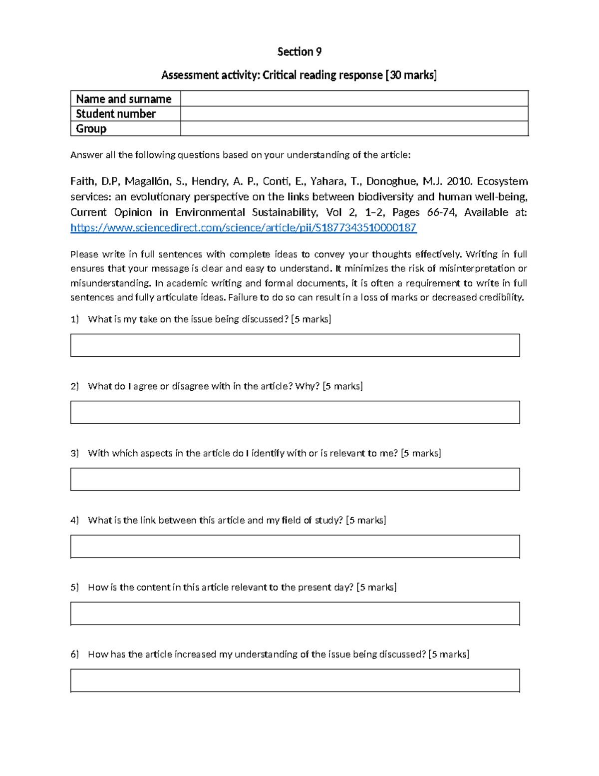 Section 9 Critical reading response 30 marks - Section 9 Assessment ...