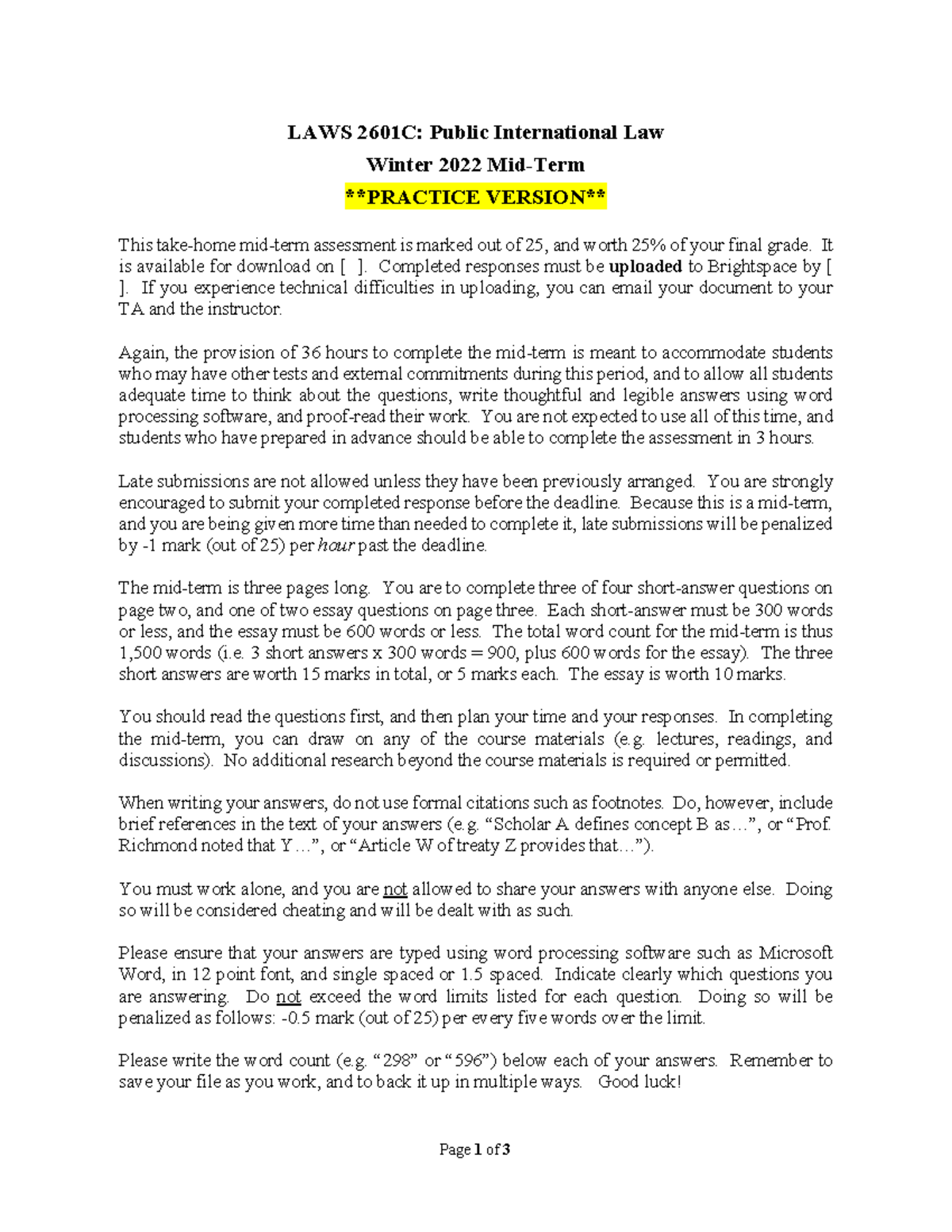 LAWS 2601- Exam Practice Questions - Page 1 of 3 LAWS 2601C: Public ...