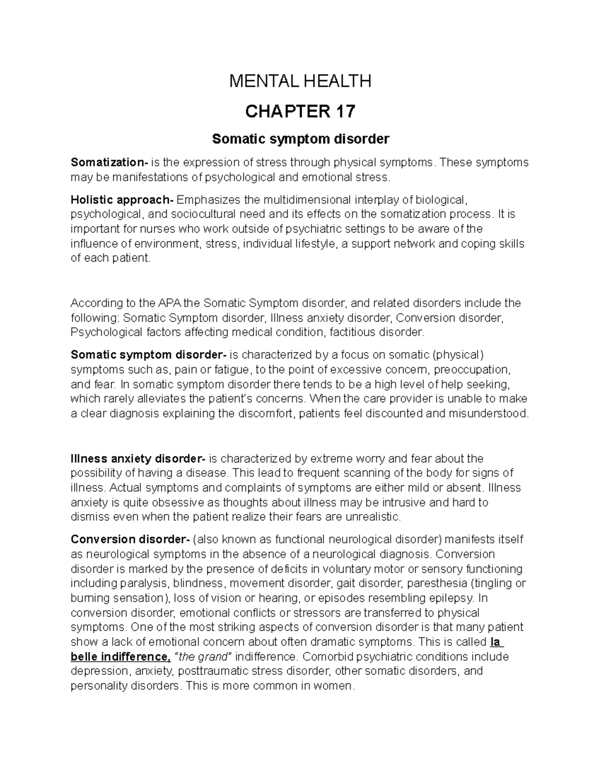 Mental Health 17-23 - MENTAL HEALTH CHAPTER 17 Somatic symptom disorder ...