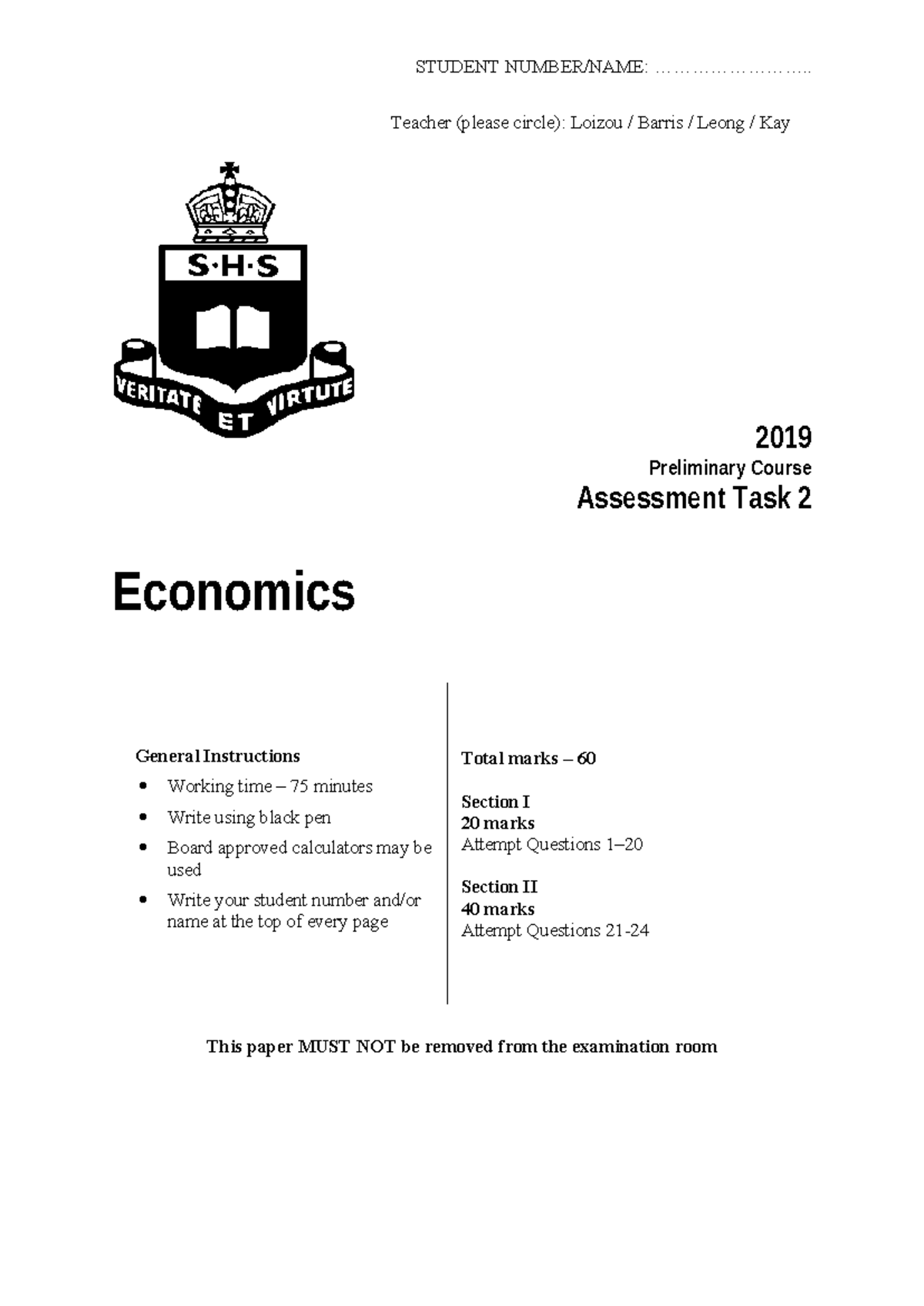 Prelim Economics HY Task 2019 answers Final - Teacher (please circle): Loizou / Barris / Leong ...