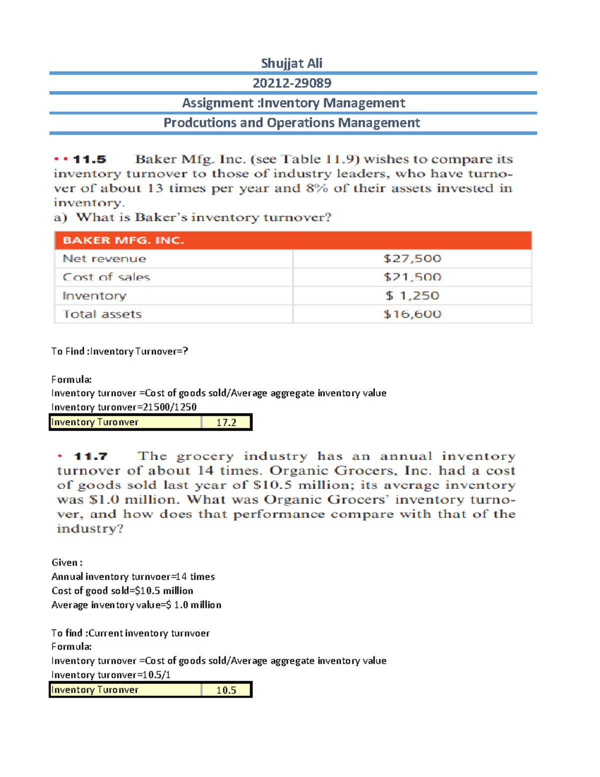 Assignment-Inventory Turnover-(Shujjat Ali)OM AND PM DSASDASD - To Find ...