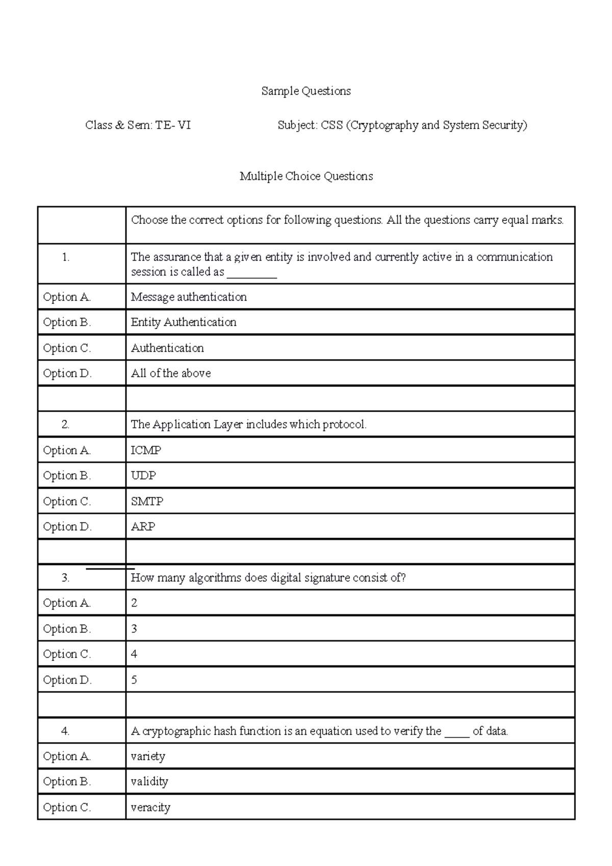 Comp Sem Vi Cryptography And System Securitysample Questions Sample Questions Class And Sem