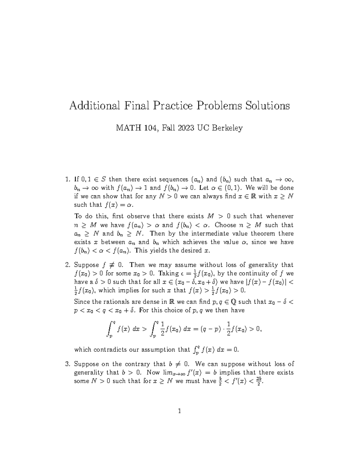 Math 104 practice problems solutions - Additional Final Practice Problems Solutions MATH 104 ...