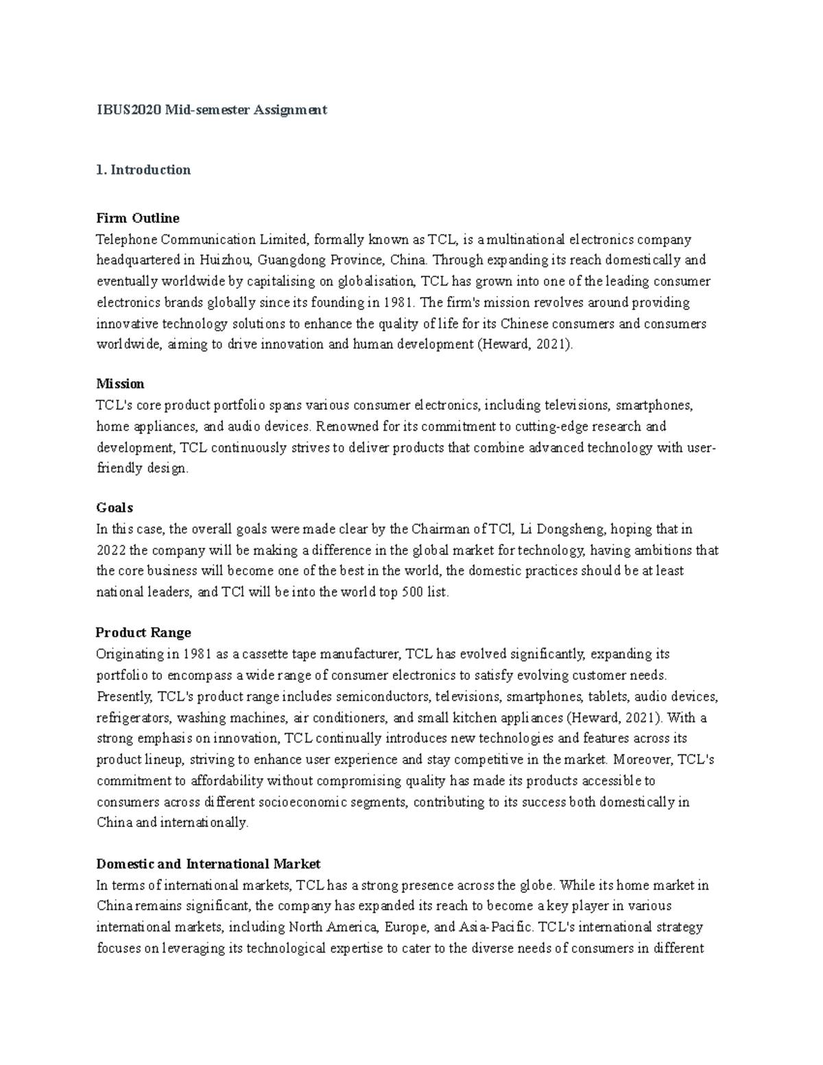IBUS2020 Mid-semester Assignment - IBUS2020 Mid-semester Assignment Introduction Firm Outline ...