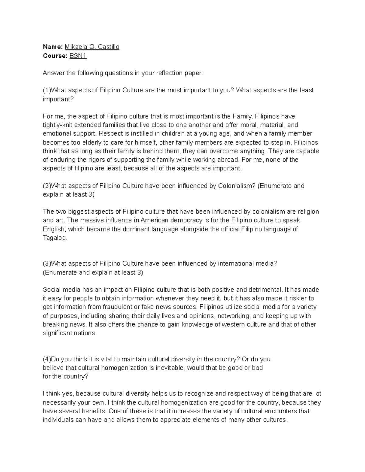 Contemp Assignment - Name: Mikaela O. Castillo Course: BSN Answer the ...