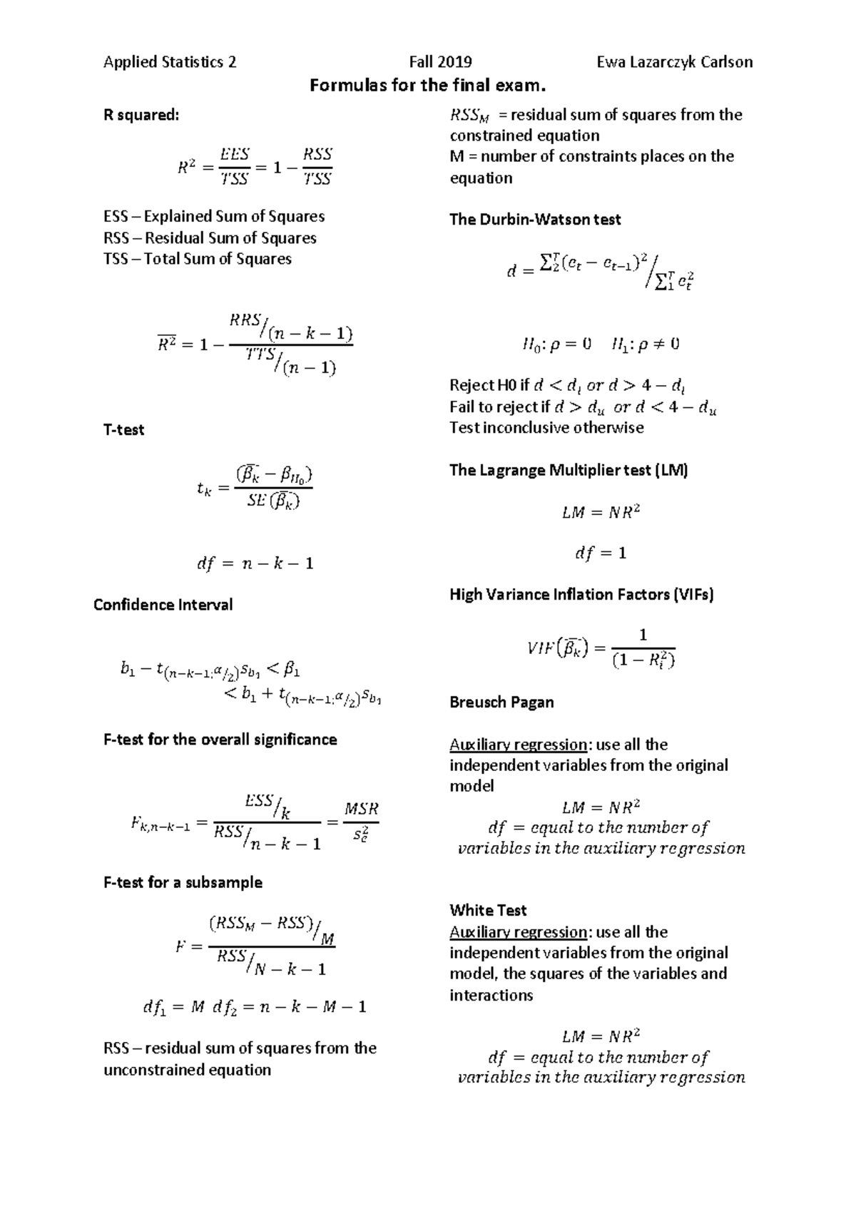 Formulas for final exam - Applied Statistics 2 Fall 2019 Ewa Lazarczyk ...