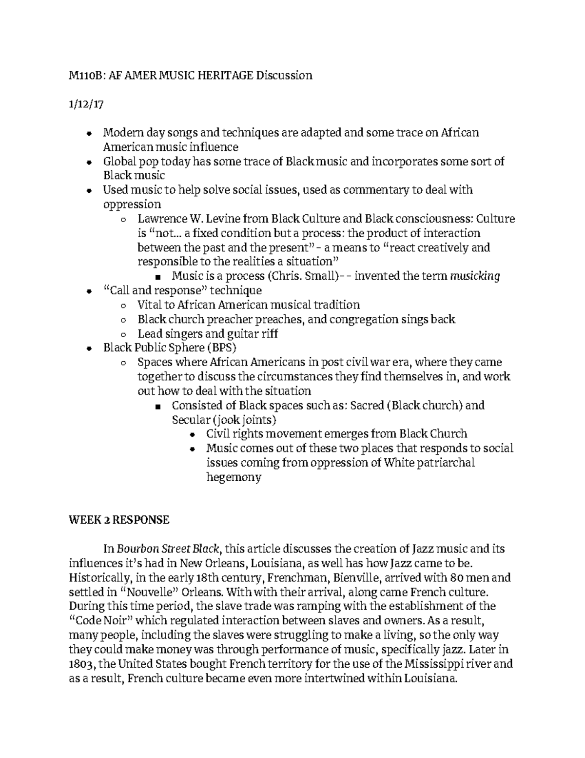 M110B Discussion - Lecture notes Entire year - M110B: AF AMER MUSIC ...