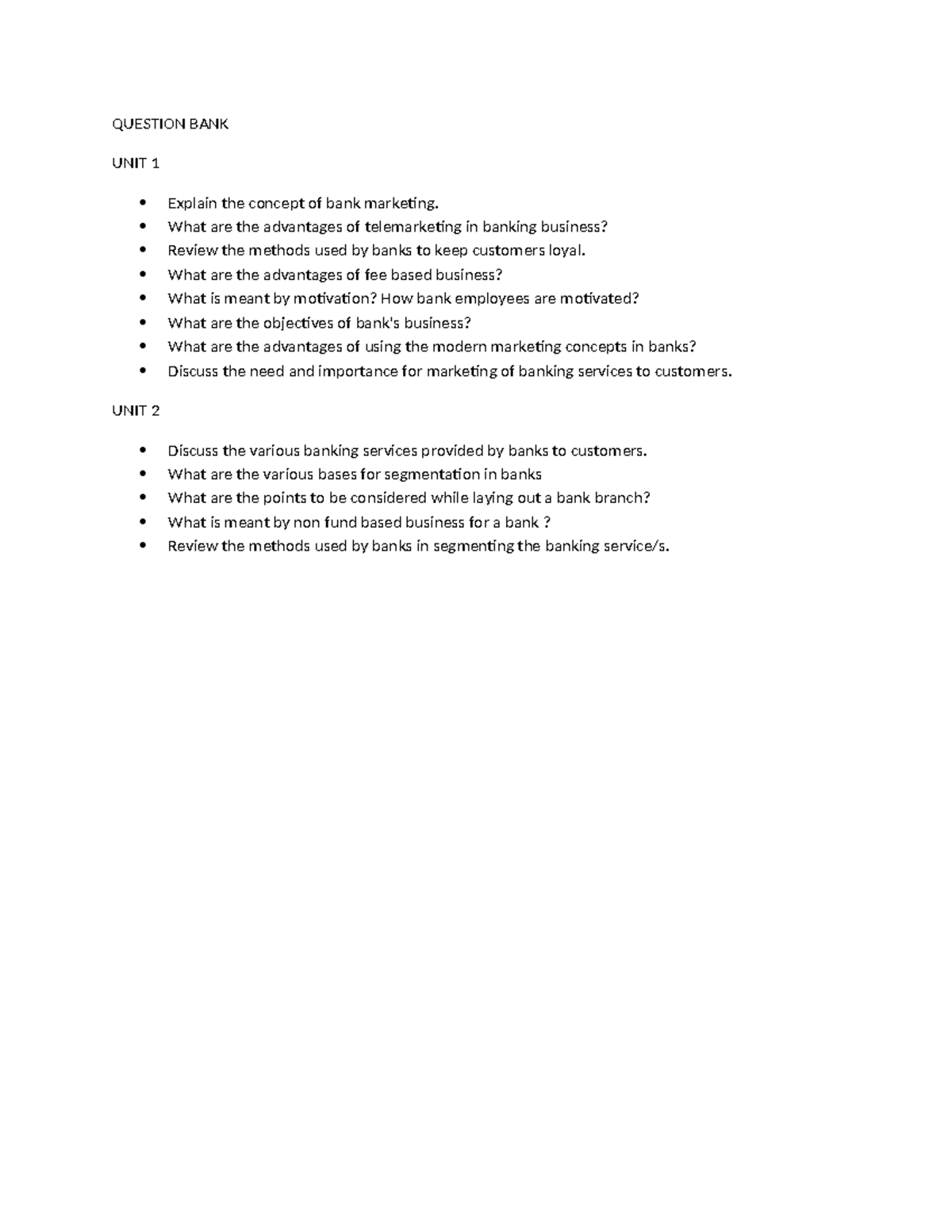 Question Bank - QUESTION BANK UNIT 1 Explain the concept of bank ...