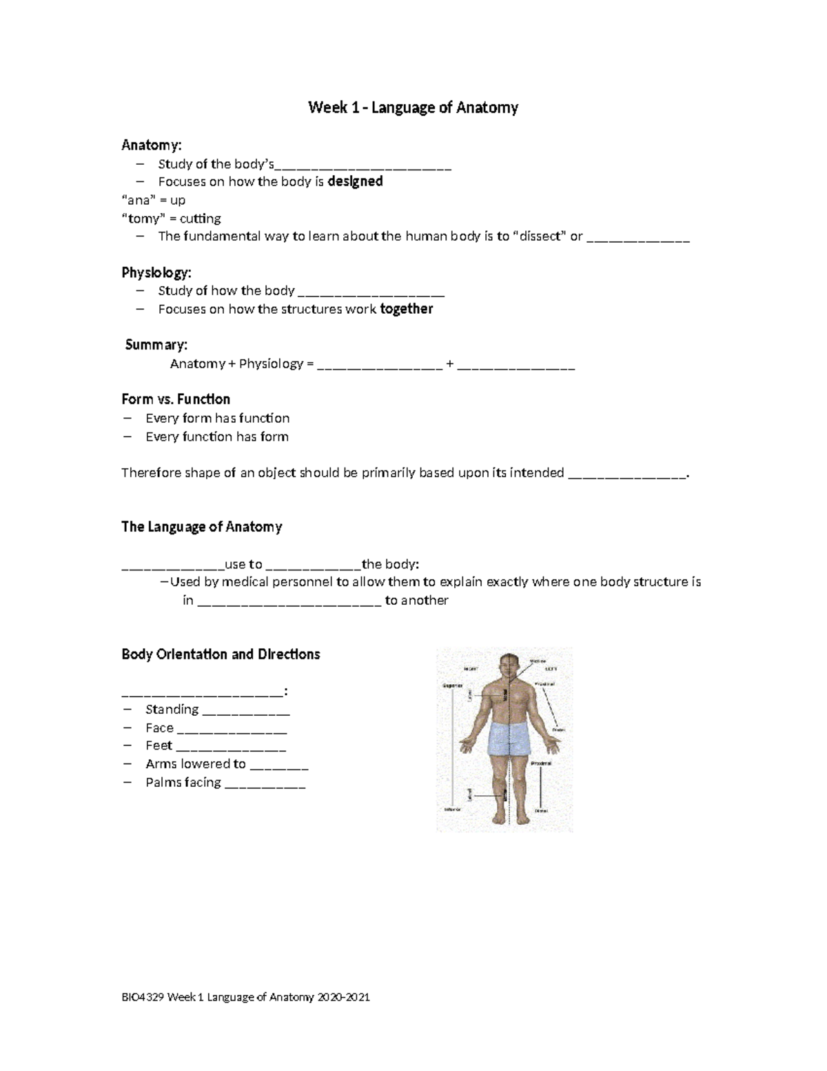 1. BIO4329 Week 1 student notes S21 - Week 1 - Language of Anatomy ...