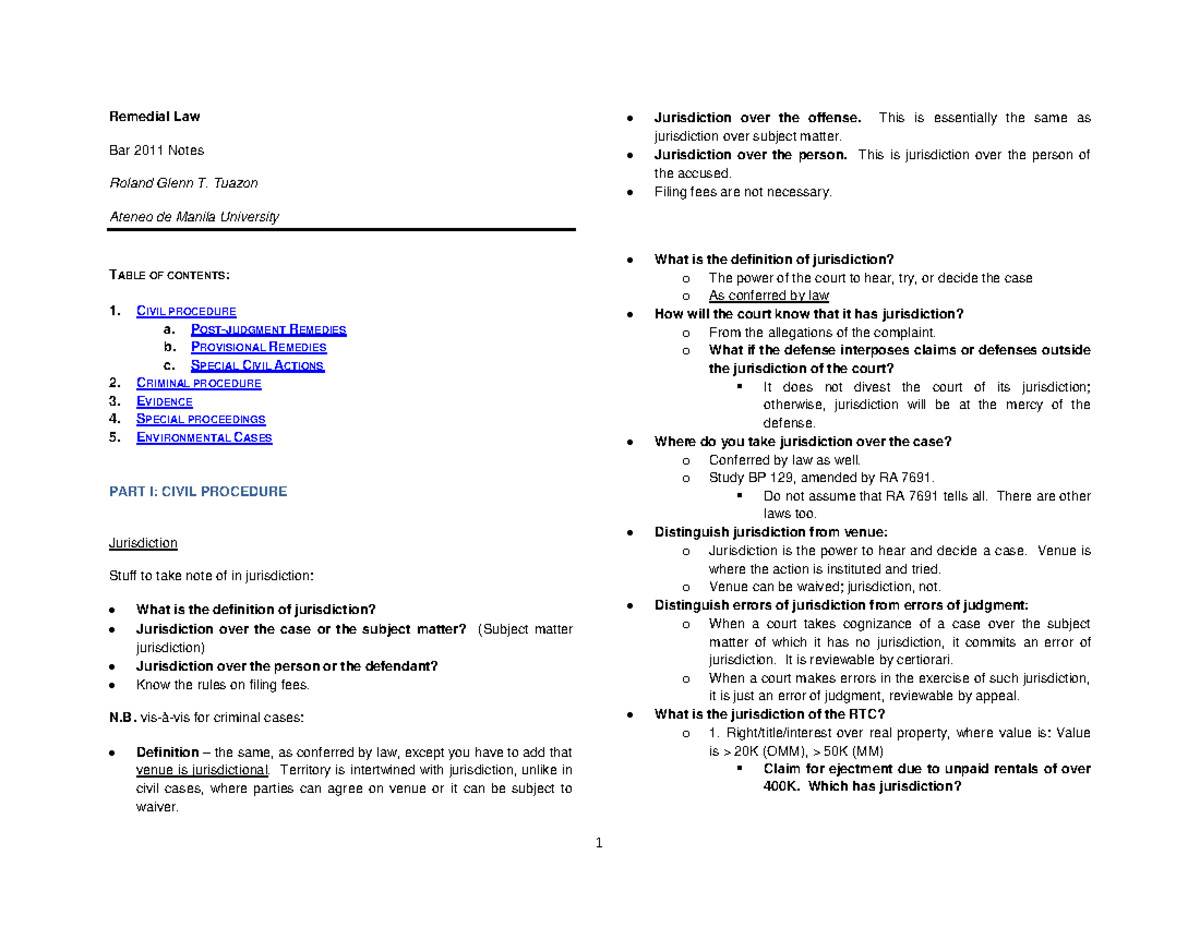 Civil Procedure (Glenn T.) - Remedial Law Bar 2011 Notes Roland Glenn T ...