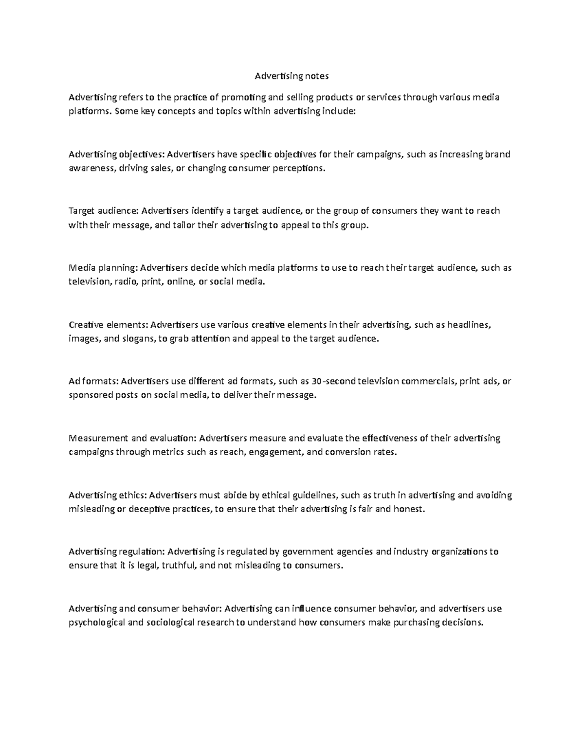 Advertising notes - Advertising refers to the practice of promoting and ...