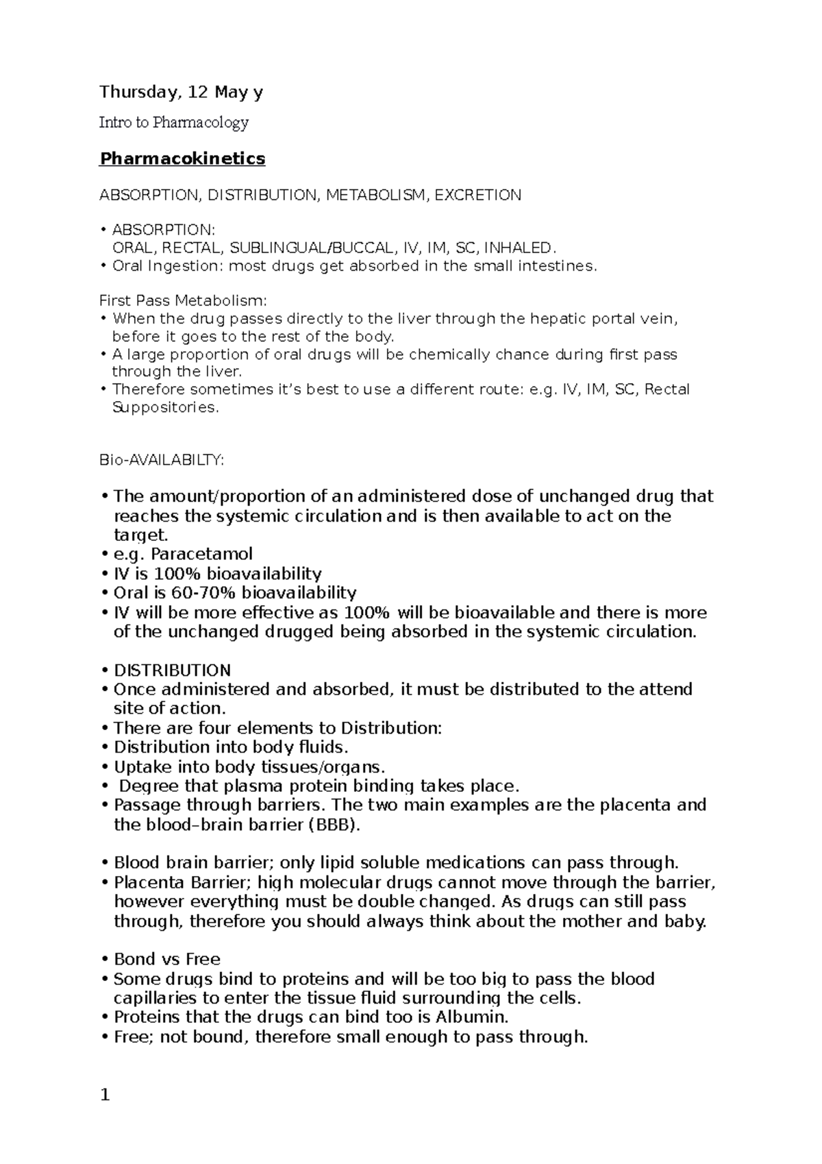 Pharmacology Notes 1. doc - Intro to Pharmacology Pharmacokinetics ...
