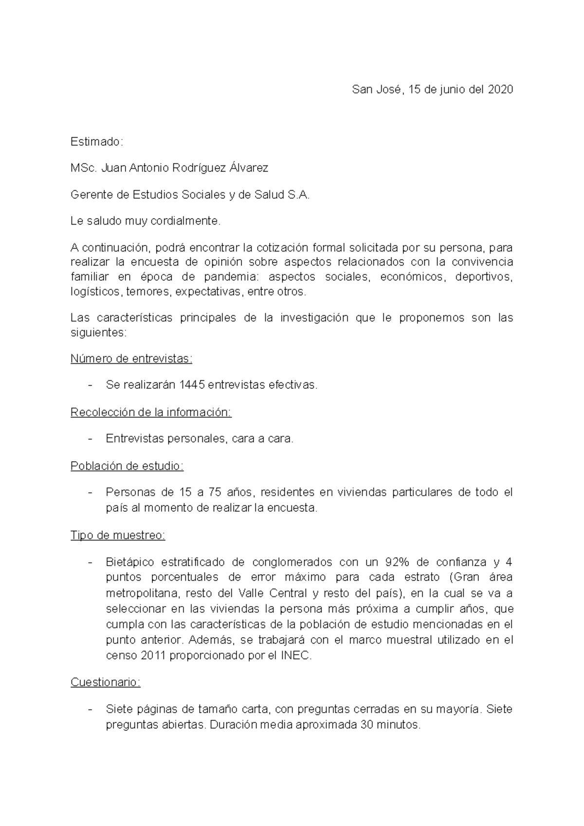 Carta de Cotización Final - San José, 15 de junio del 2020 Estimado ...