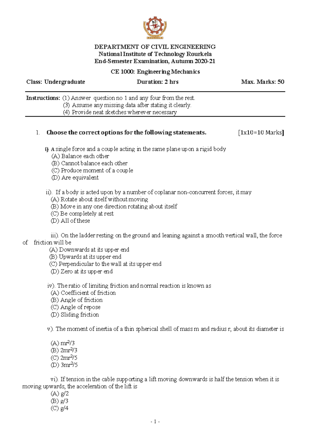 CE1000 - 1 - DEPARTMENT OF CIVIL ENGINEERING National Institute of ...