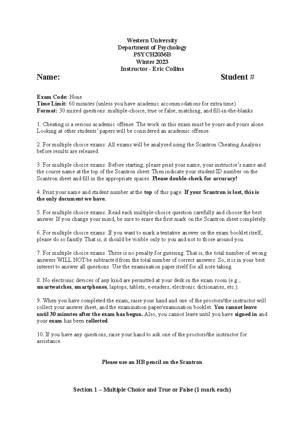 Midterm Exam 2 Answer Key Western University Department Of Psychology Psych2036b Winter 2023