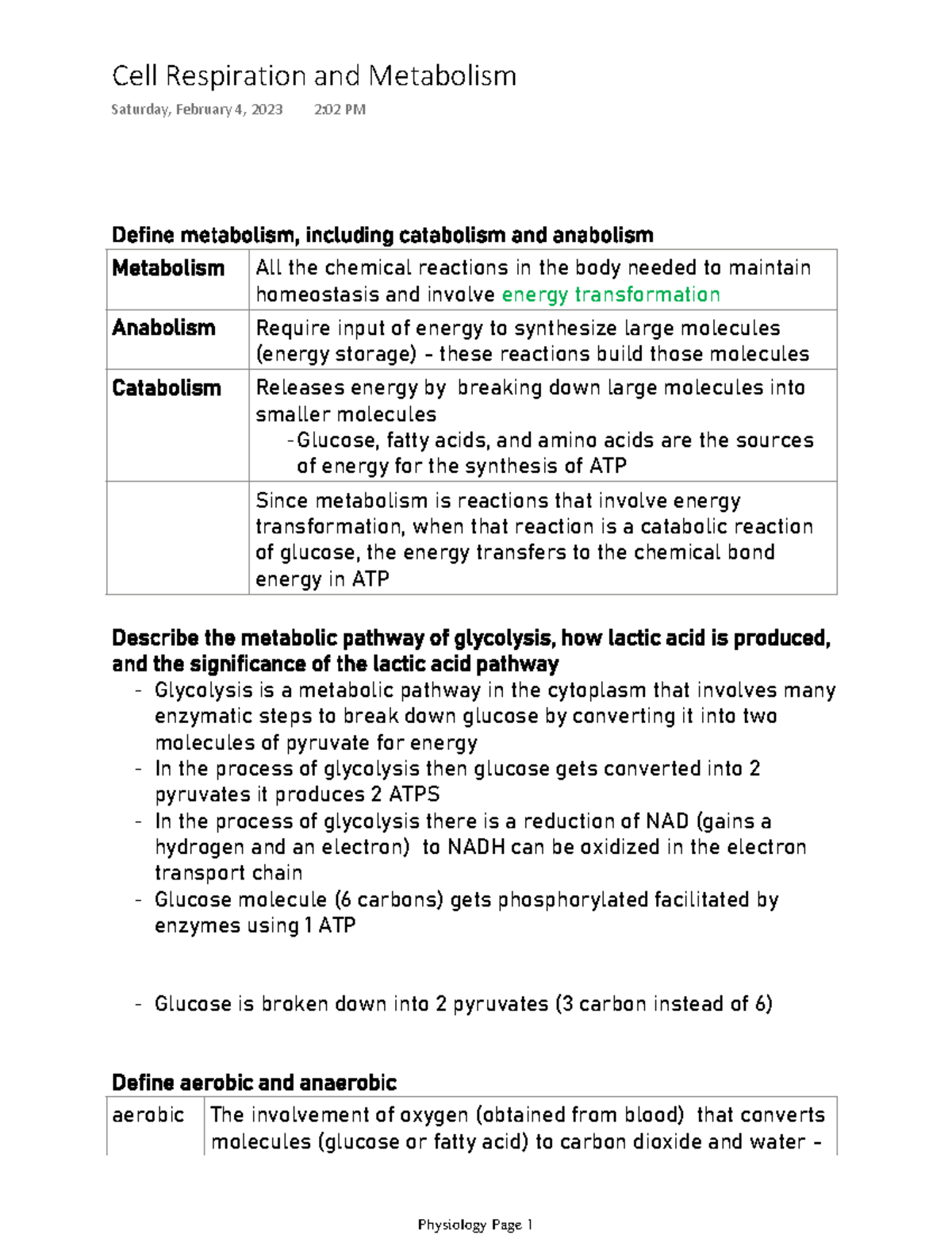 Cell Respiration and Metabolism - Define metabolism, including ...