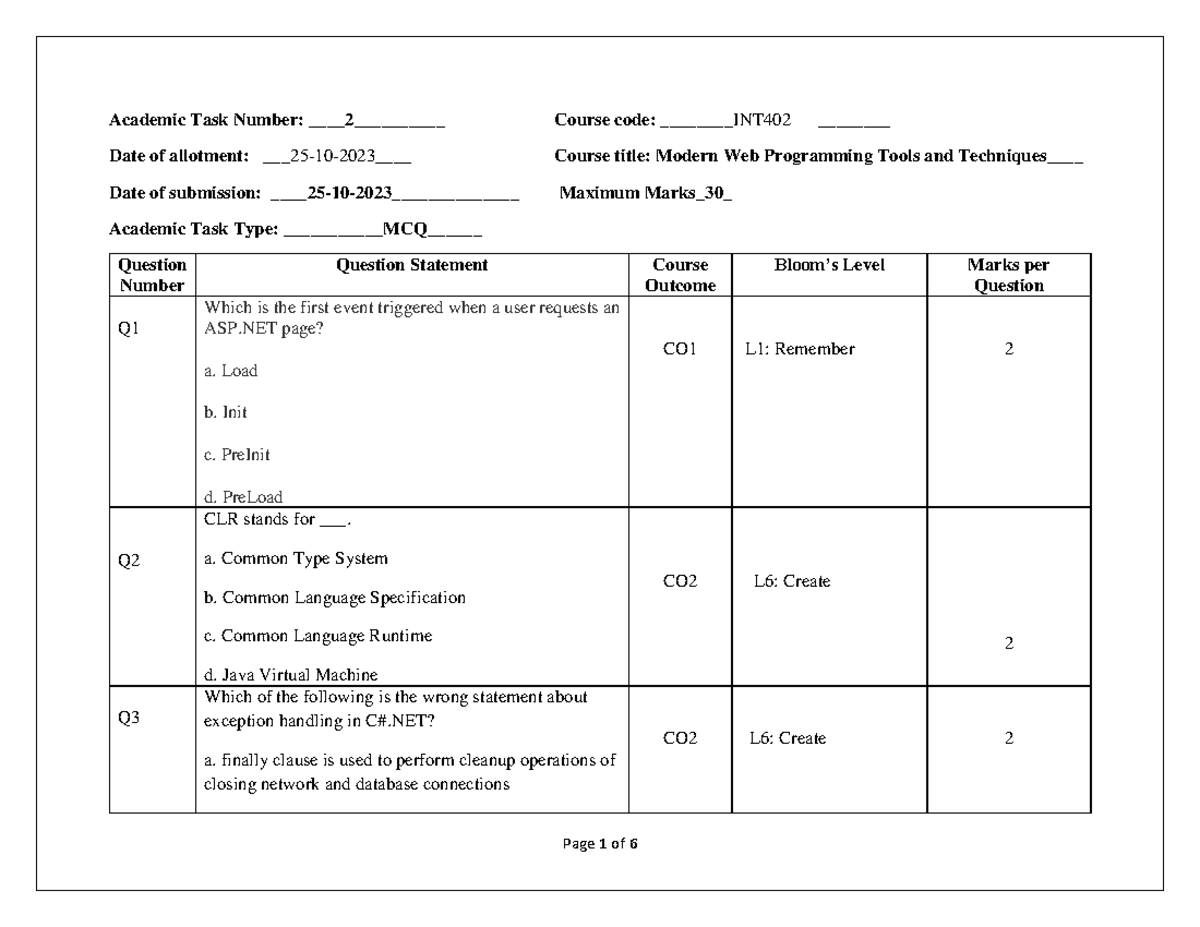 Assignment-2 - notes - Academic Task Number: ____ 2 __________ Course ...