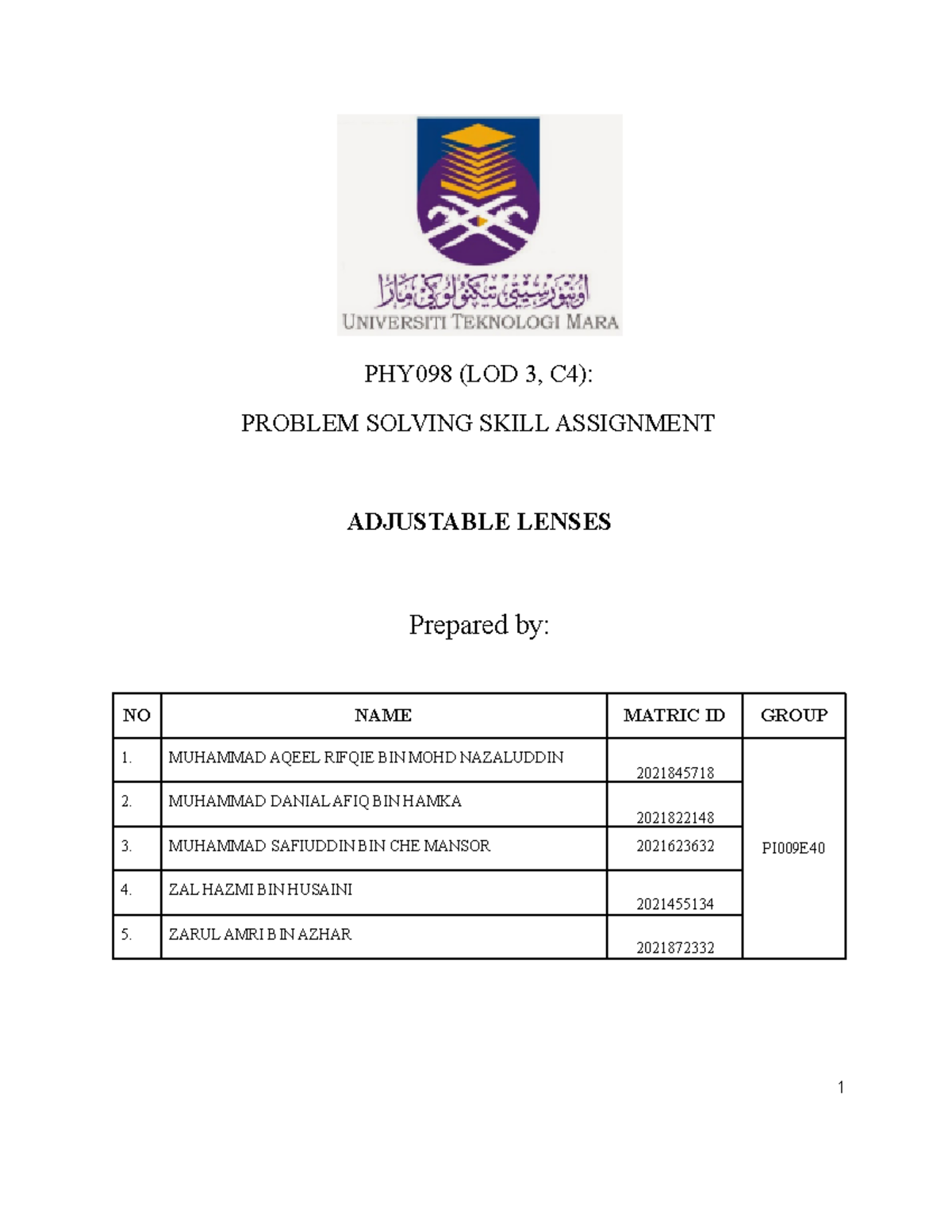 Problem Solving Skills PHY098 Engineering & Science Semester 2 - PHY098 (LOD 3, C4): PROBLEM ...