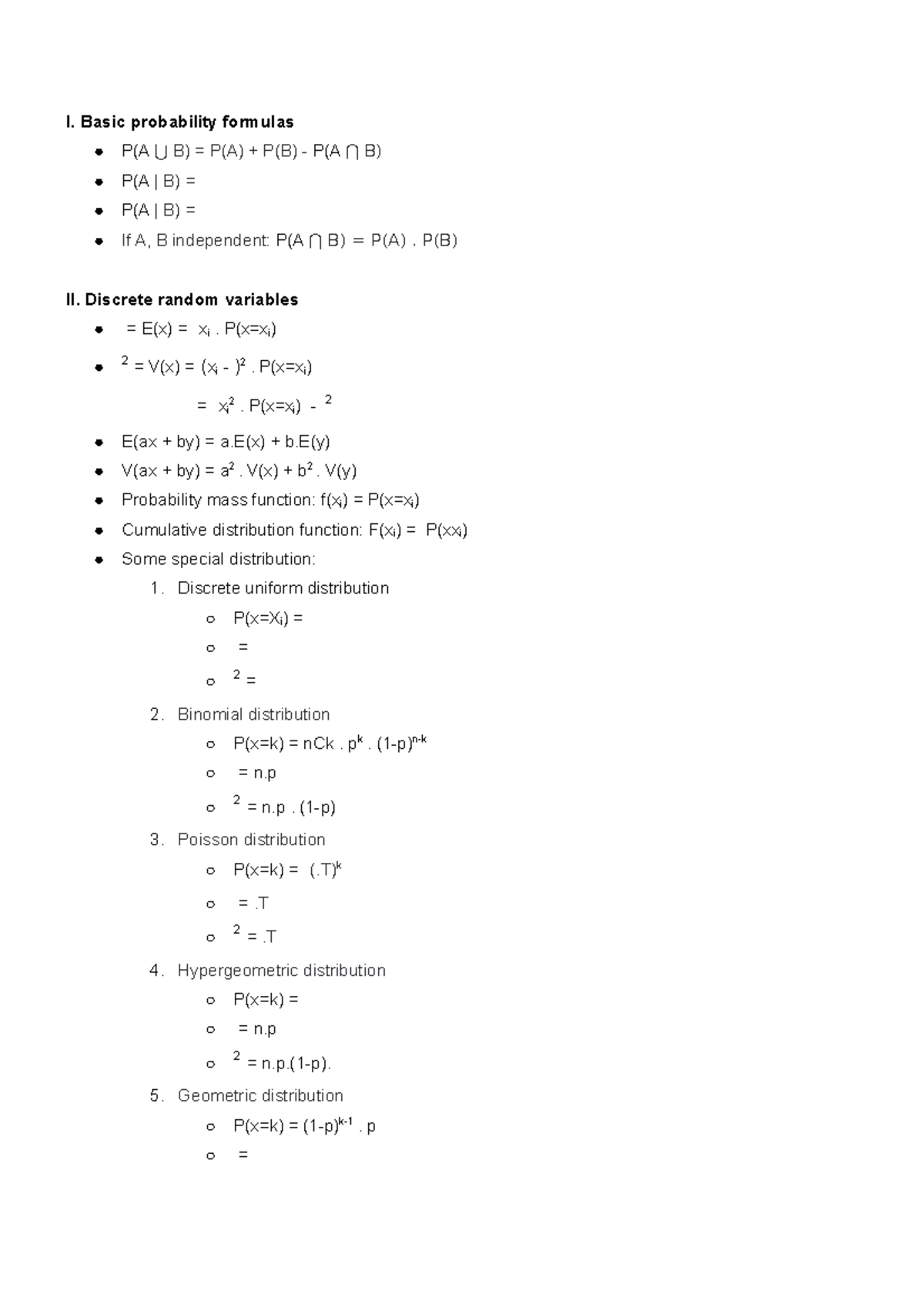 Summary MAS291 - rtghnr - I. Basic probability formulas P(A ⋃ B) = P(A) + P(B) - P(A ⋂ B) P(A ...