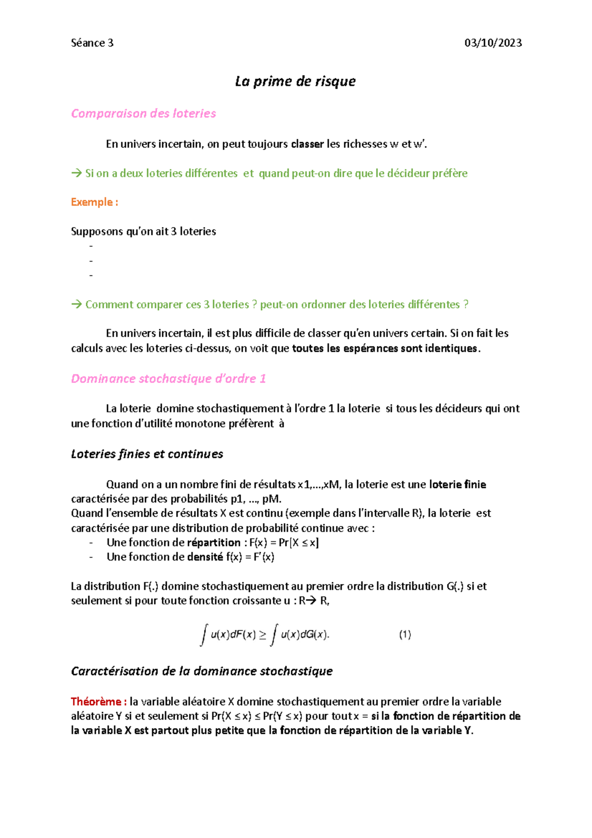 La prime de risque - cours magistral - La prime de risque Comparaison des loteries En univers ...