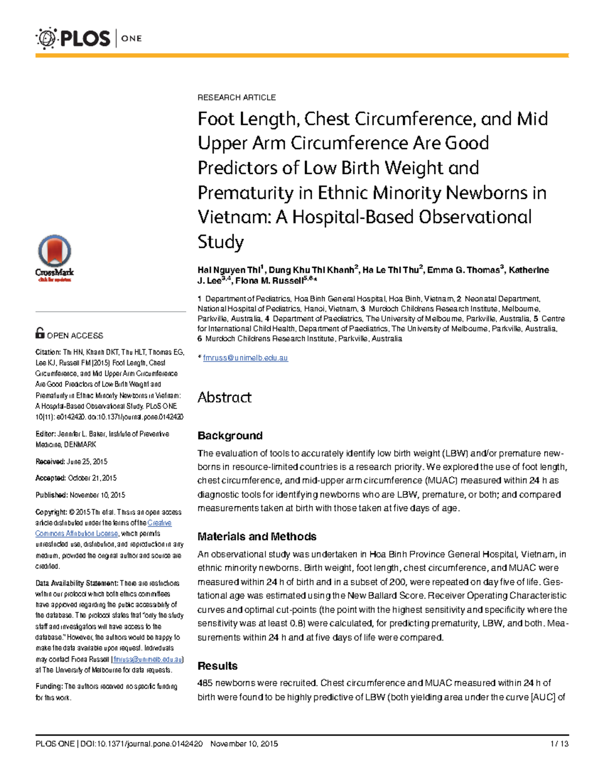 Foot Length, Chest Circumference, and Mid Upper Arm Circumference Are ...